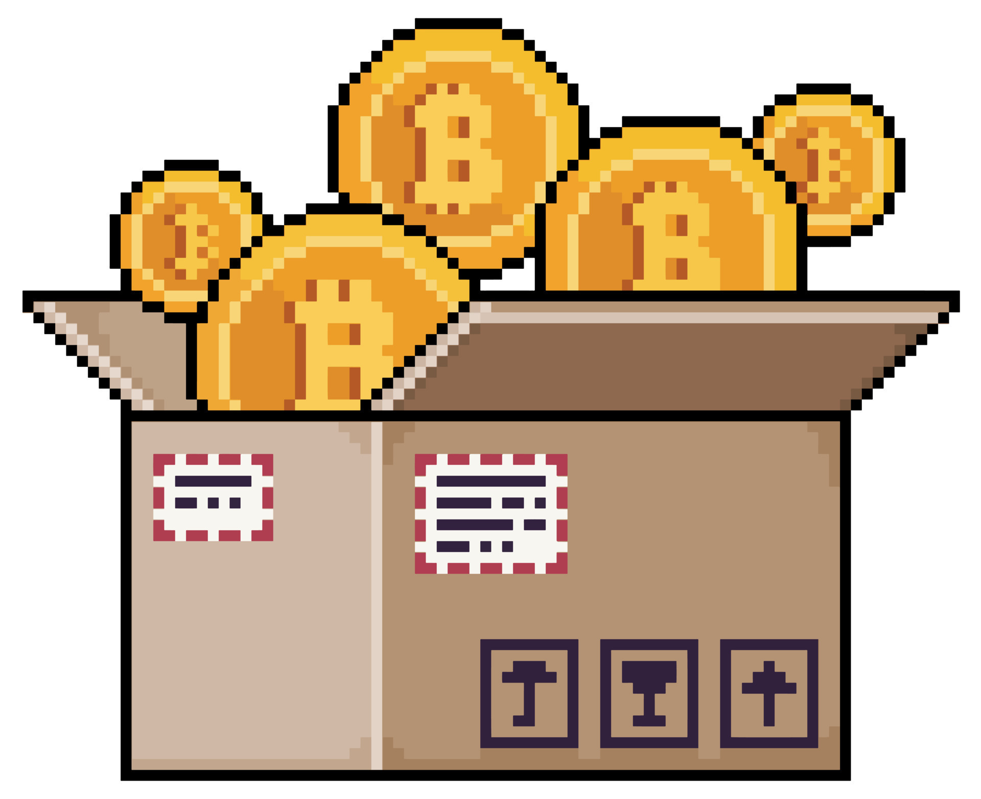 Pixel art bitcoins in cardboard box. Cryptocurrency order vector icon for 8bit game on white ...