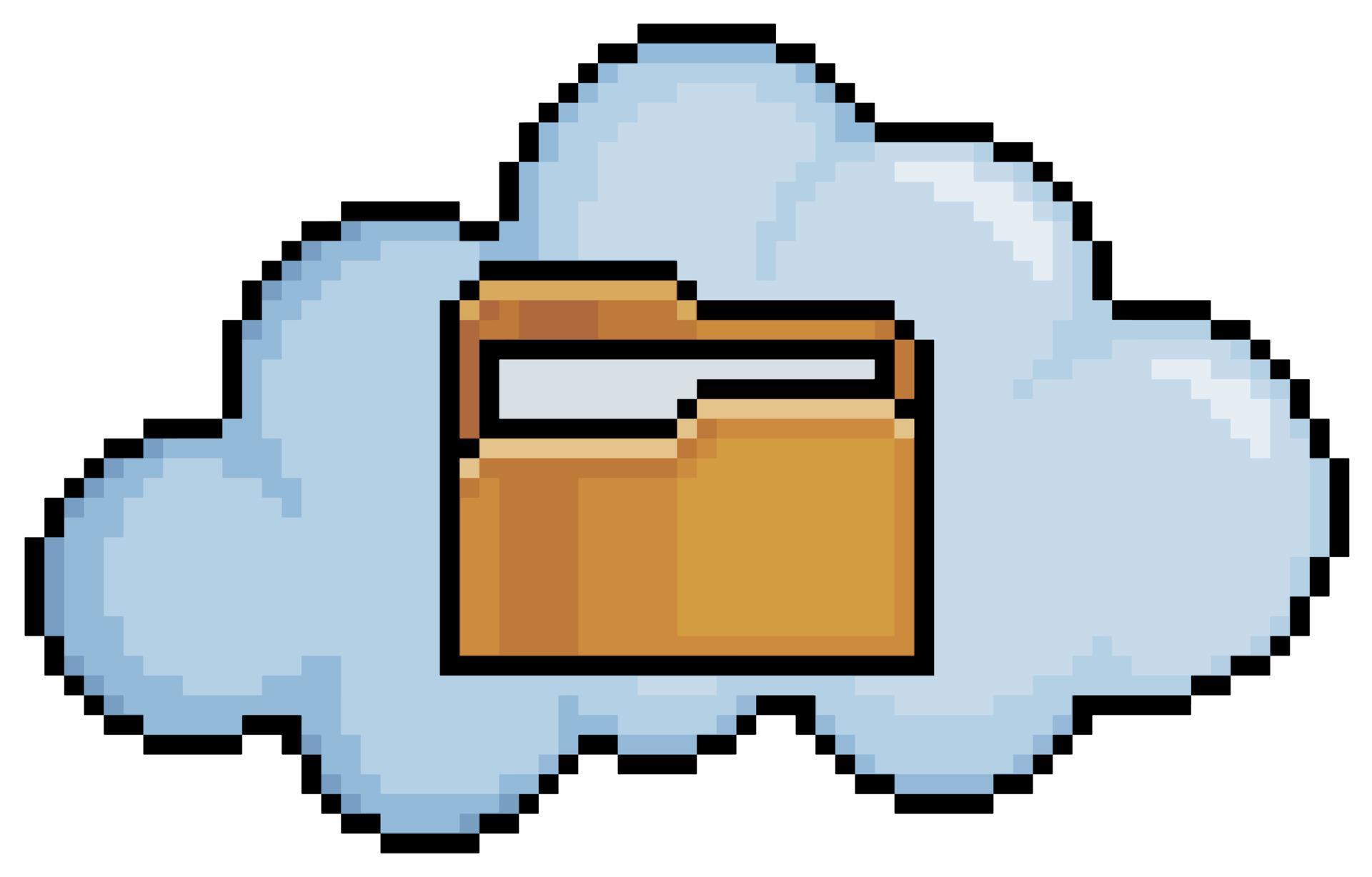 Pixel art clouds with document folder. Cloud data vector icon for 8bit game on white background ...