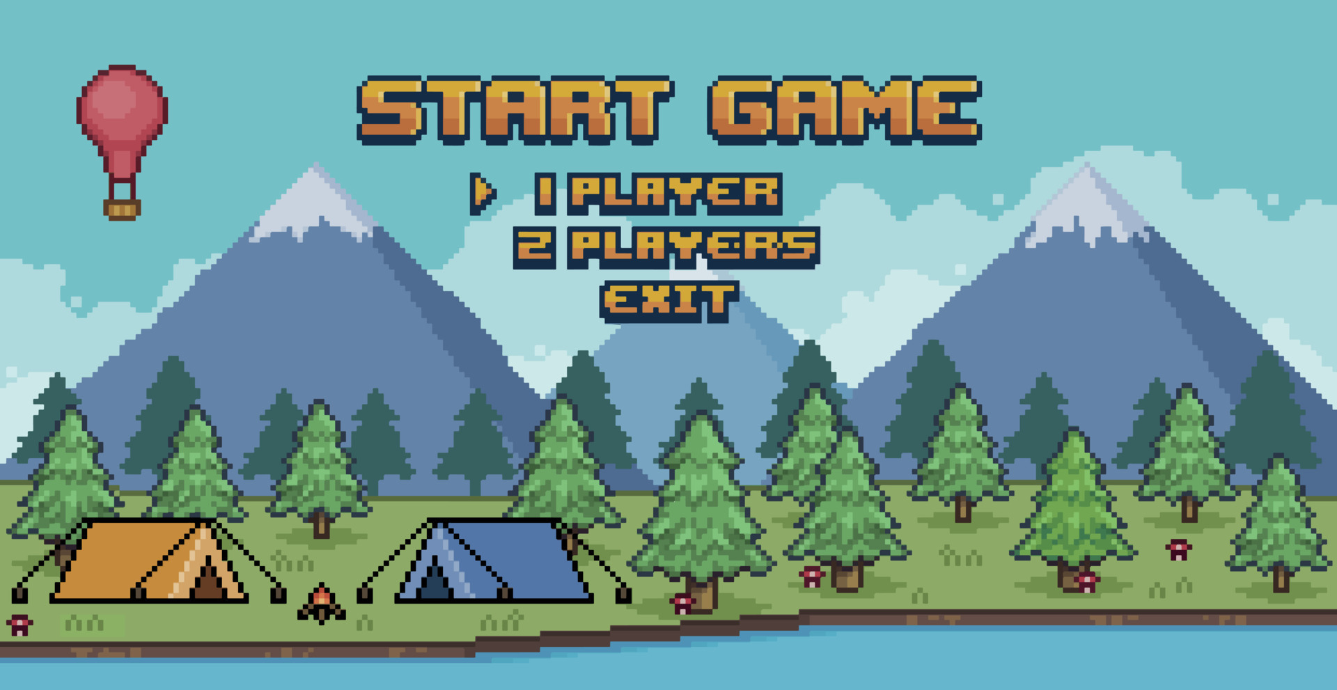Pixel art camping game menu. game selection menu with pine trees ...