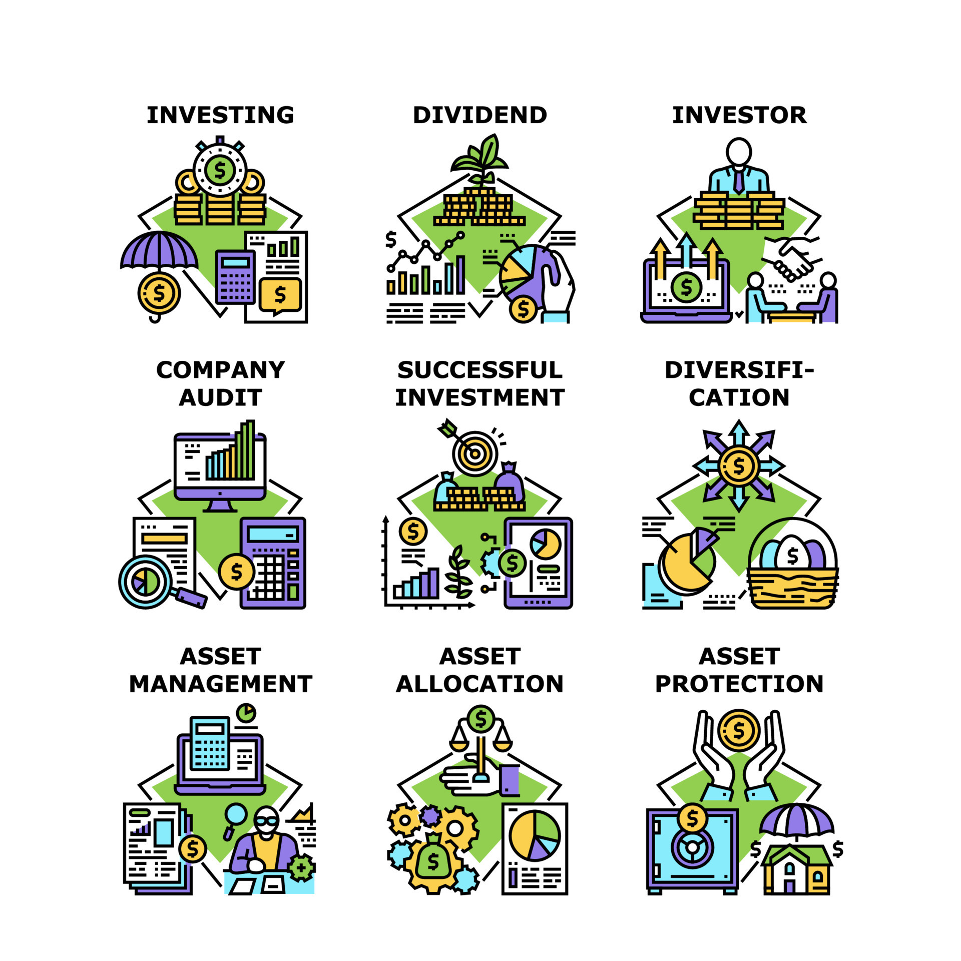 Asset Management Set Icons Vector Illustrations 9756134 Vector Art At Vecteezy