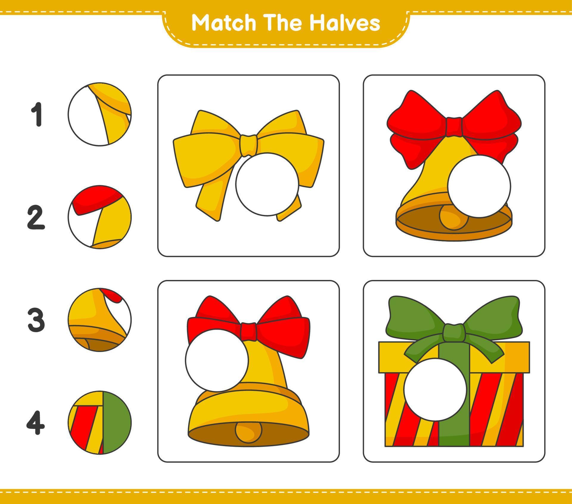 Match the halves. Match halves of Christmas Bell, Ribbon, and Gift Box ...