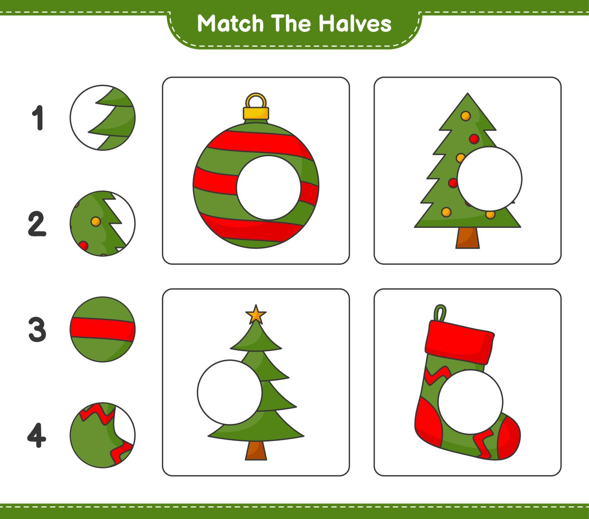 Match the halves. Match halves of Tree, Christmas Ball, and Sock ...