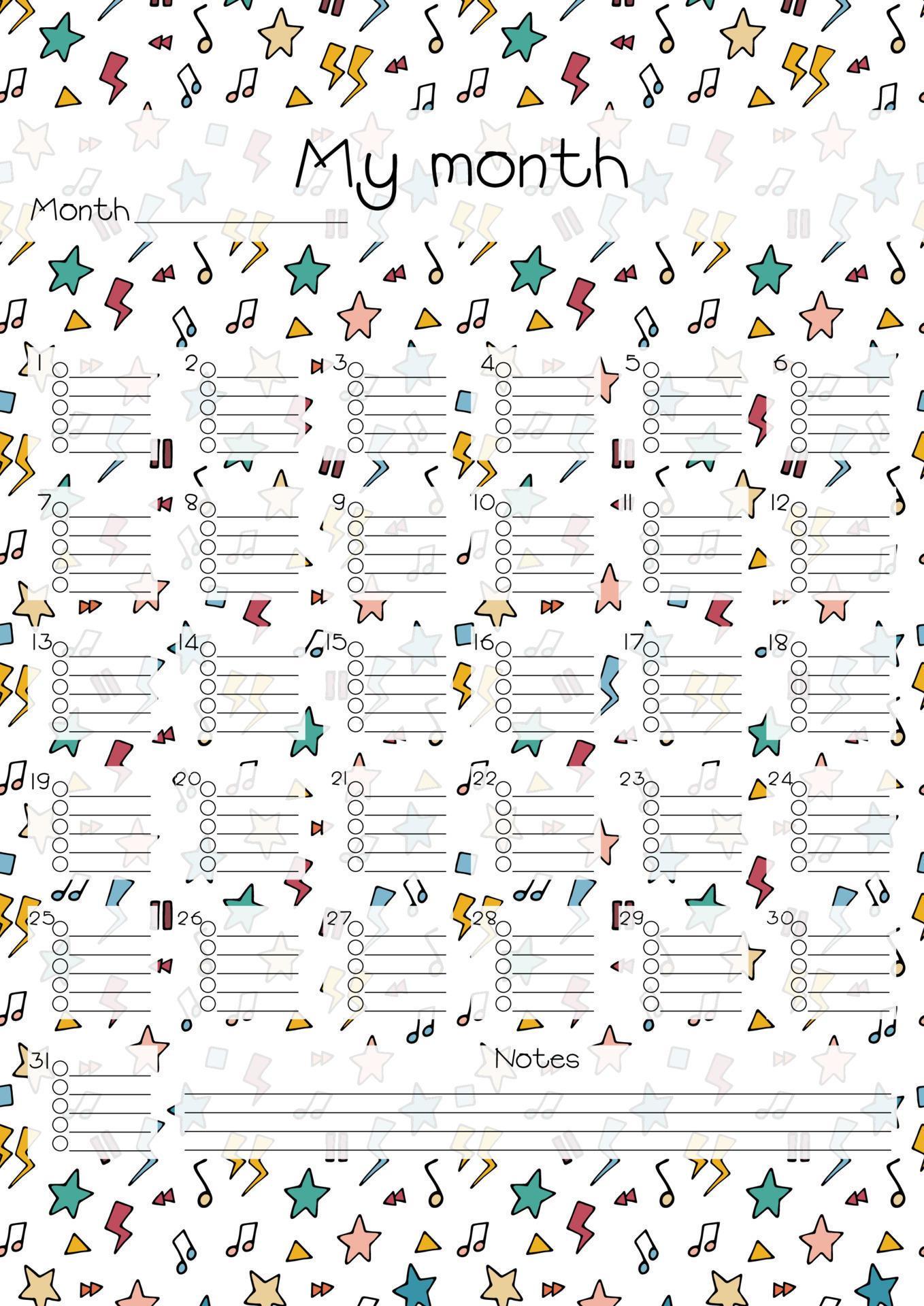 Monthly planner template. Vector printable task organizer by days of ...