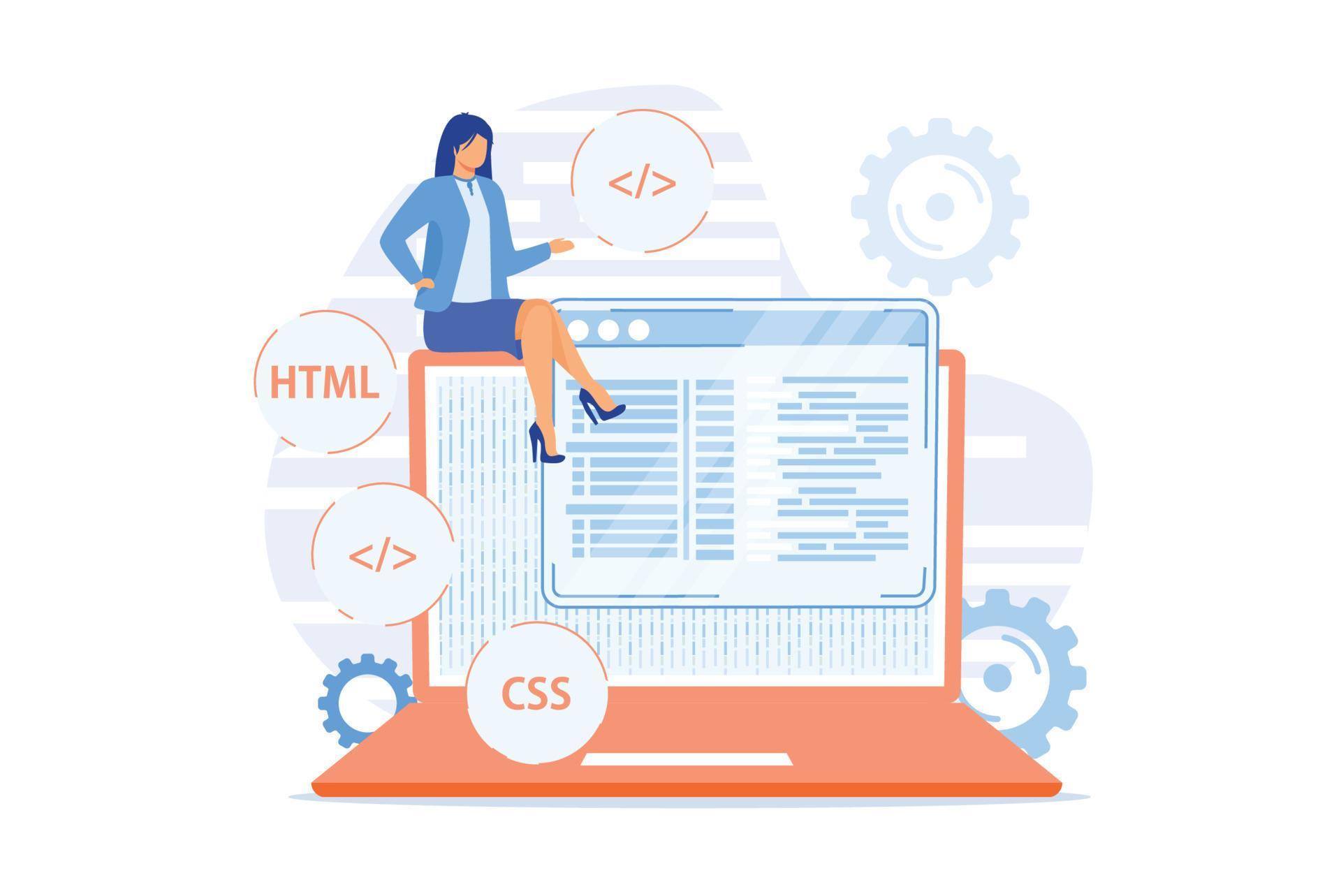 Lenguajes de programación css y html. programación informática, codificación, it. personaje de ...