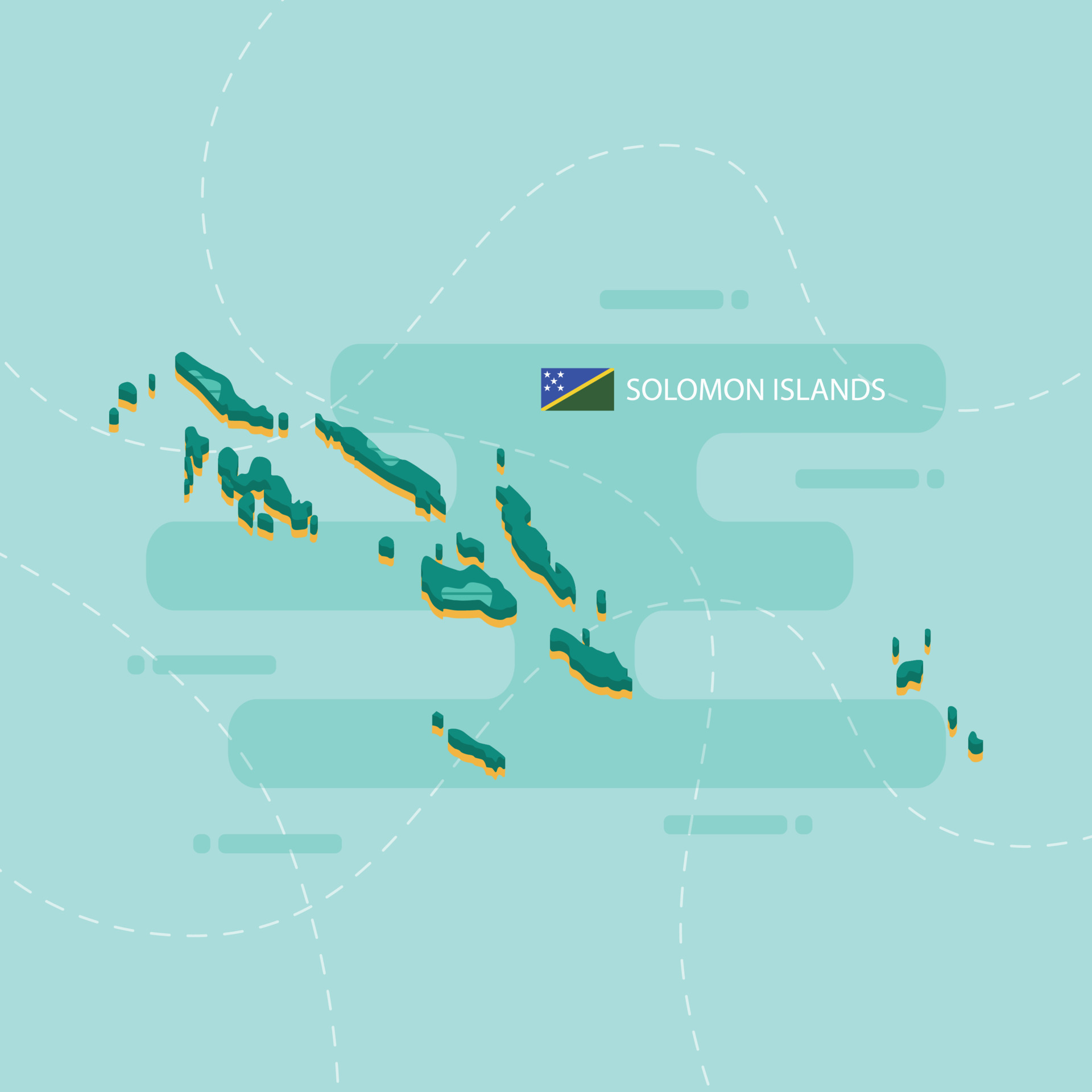 3d vector map of Solomon Islands with name and flag of country on light green background and ...