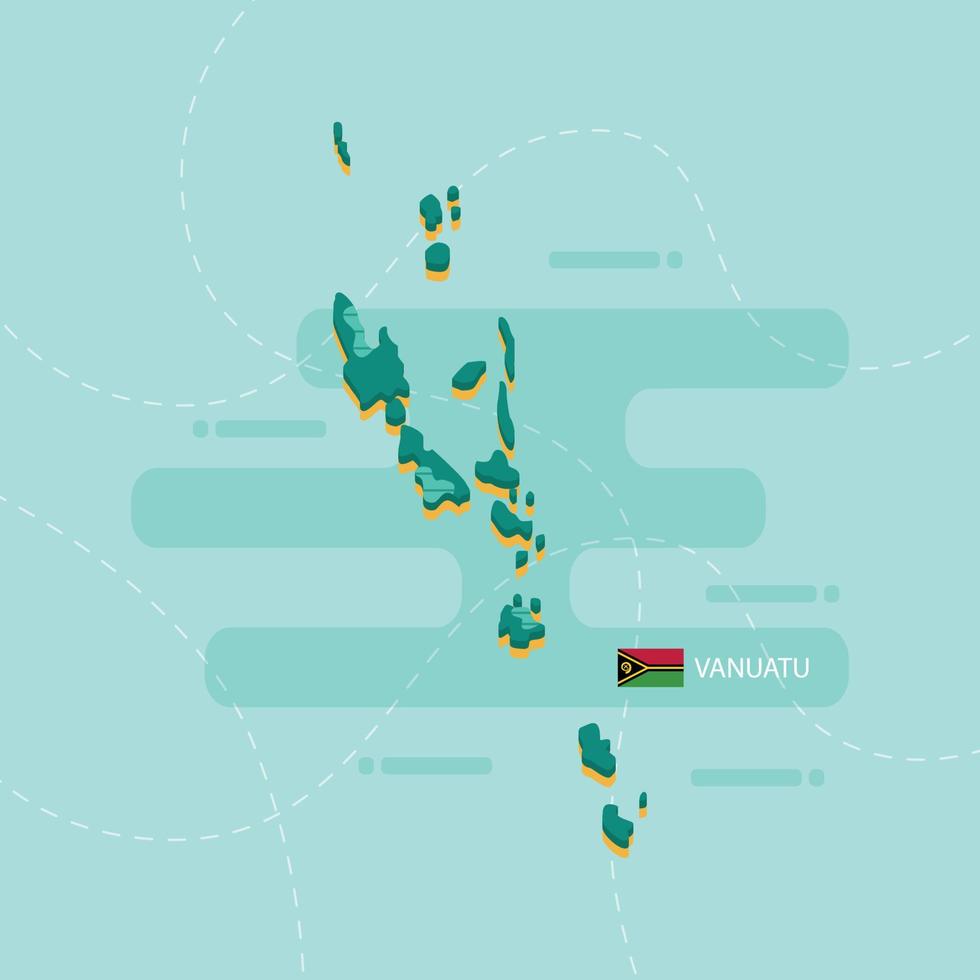3d vector map of Vanuatu with name and flag of country on light green ...
