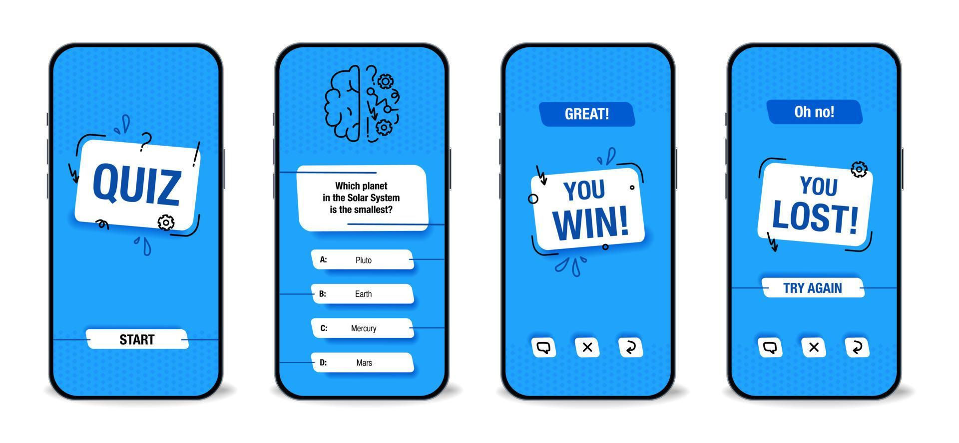 The template of the mobile application interface for the quiz on a blue ...