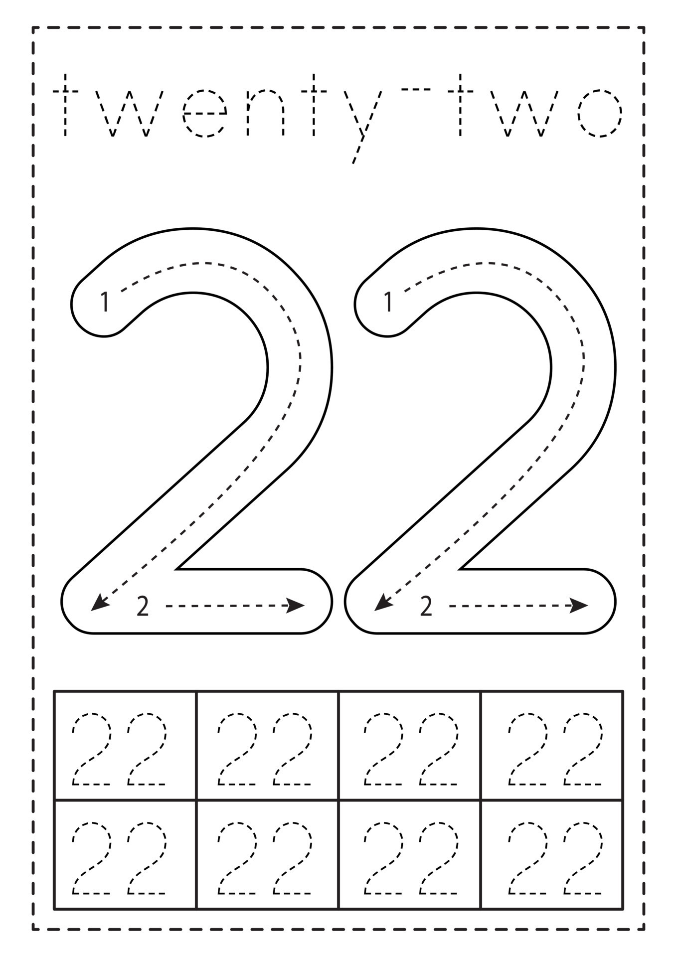Tracing number twenty two. Preschool worksheet. Black and white ... Tracing number twenty two. Preschool worksheet. Black and white ...