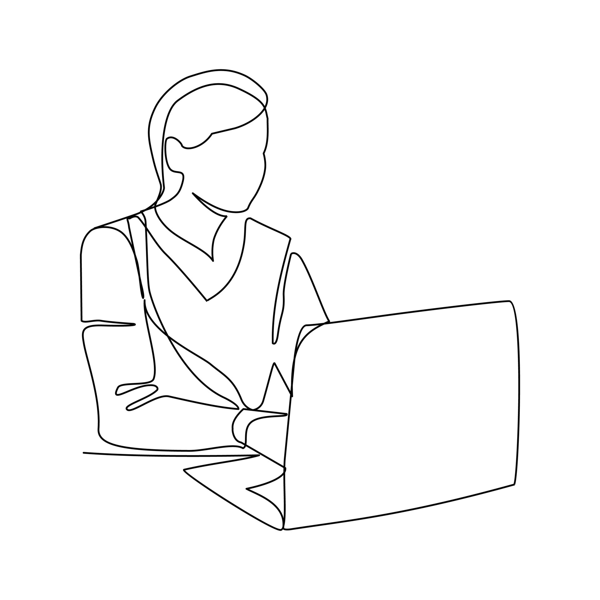 Vector illustration of woman with laptop drawn in line-art style ...