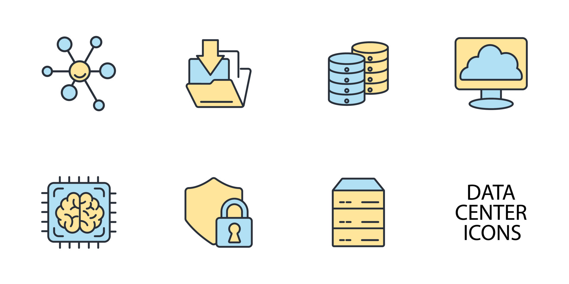 Data Center Cloud Computer Connection Hosting Server Database Icons Set Data Center Cloud