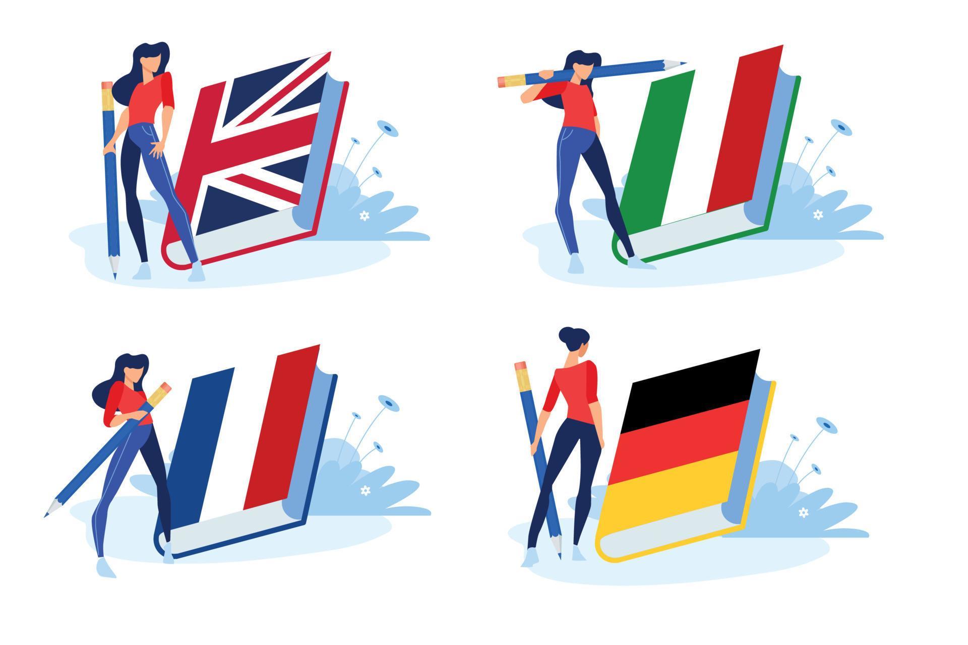 Language school and courses. Vector illustrations of woman in different ...