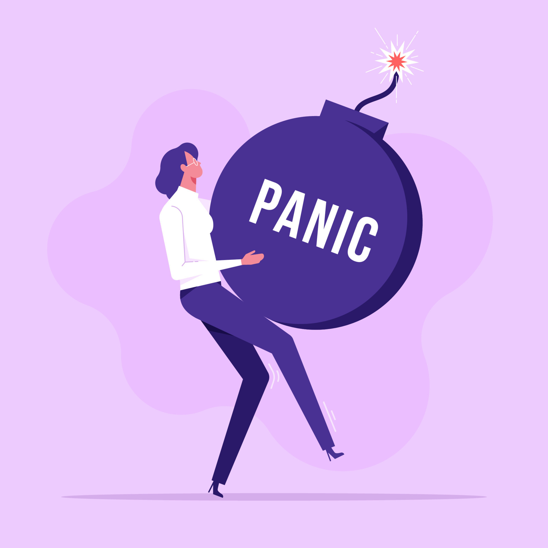 Panic concept. Young woman carrying panic bomb, flat vector illustration.Anxiety, stressed or ...