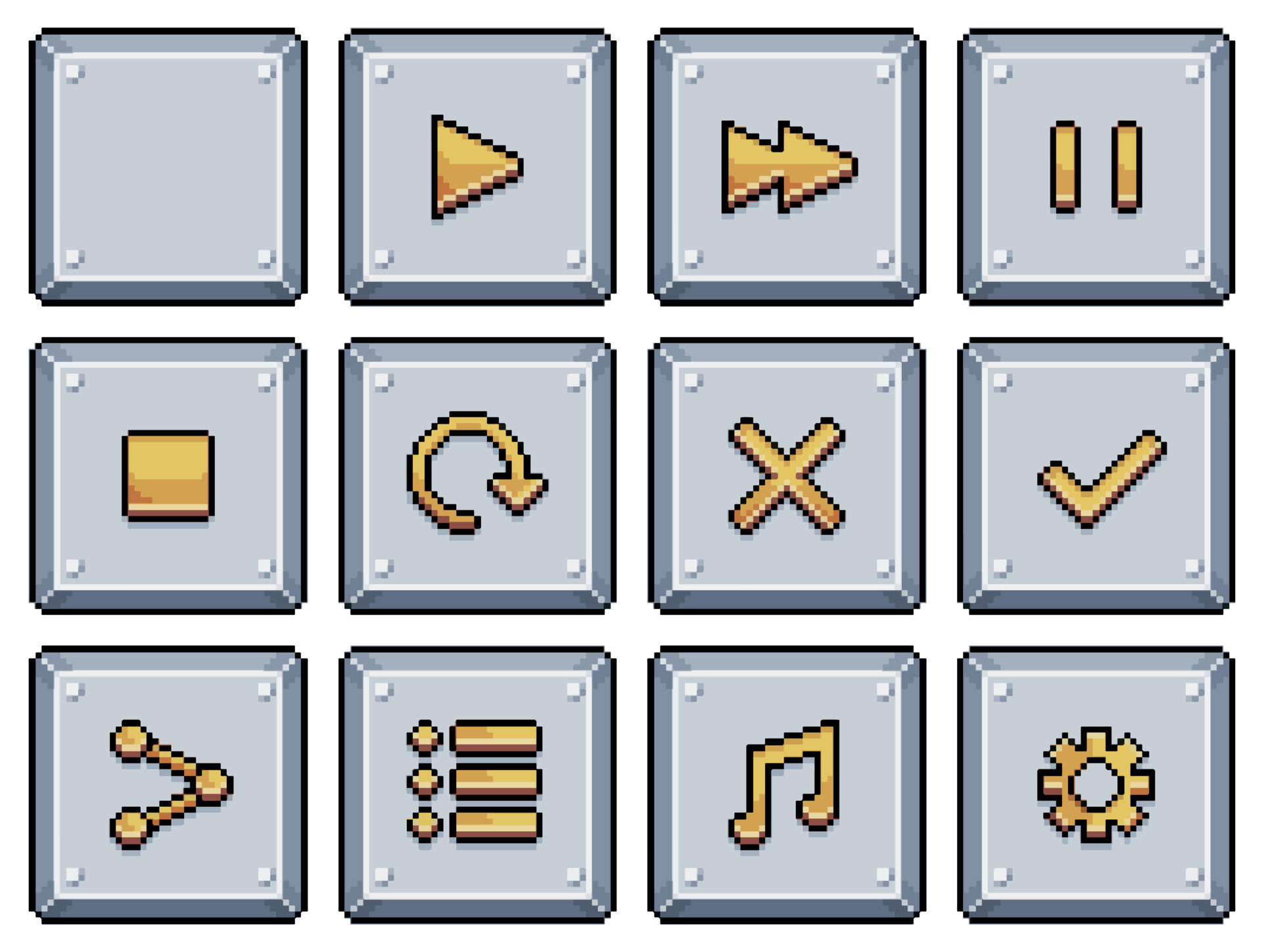 Pixel art metallic style buttons for game and app interface vector icon ...