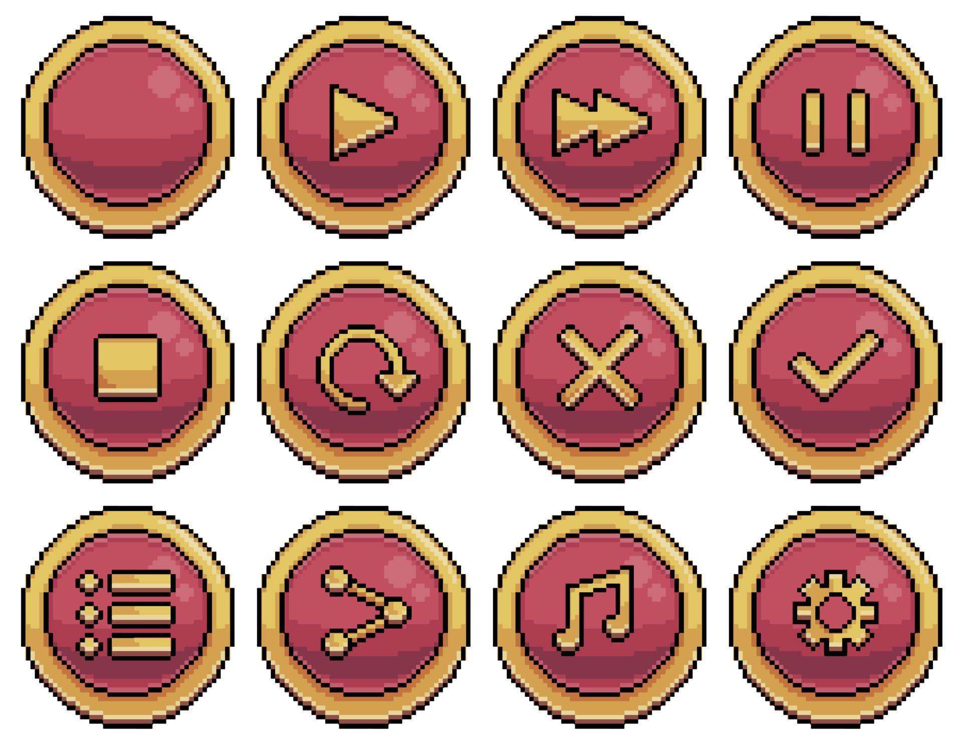 Pixel art round buttons for game interface vector icon for 8bit game on ...