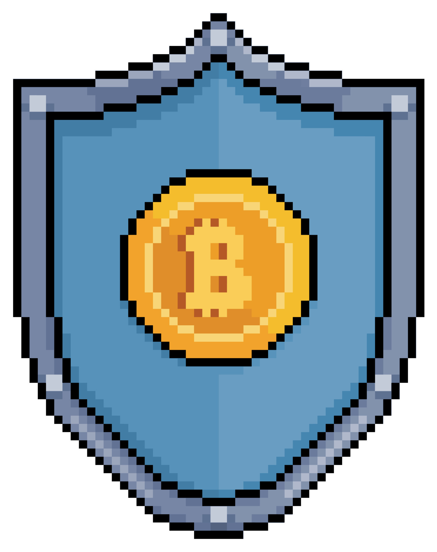 Pixel art shield bitcoin. Security in cryptocurrencies vector icon for 8bit game on white ...