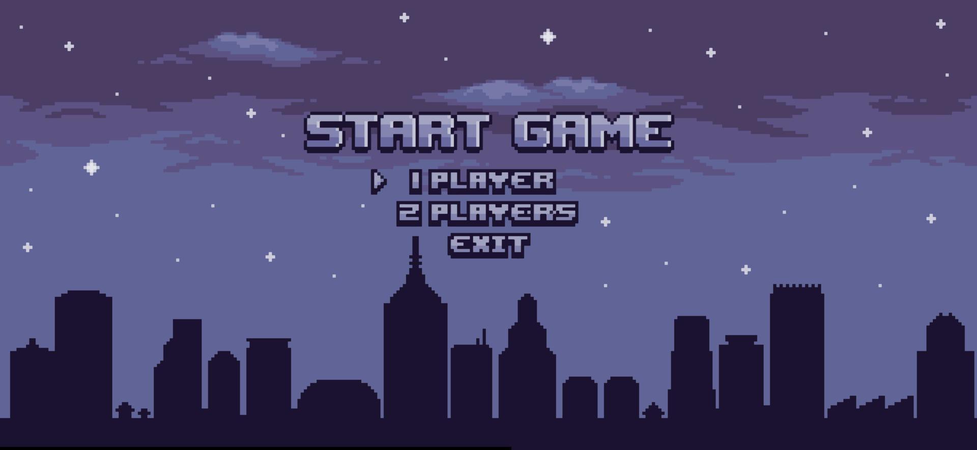 Pixel art city game home screen. Vector 8bit game background with sky ... Pixel art city game home screen. Vector 8bit game background with sky ...