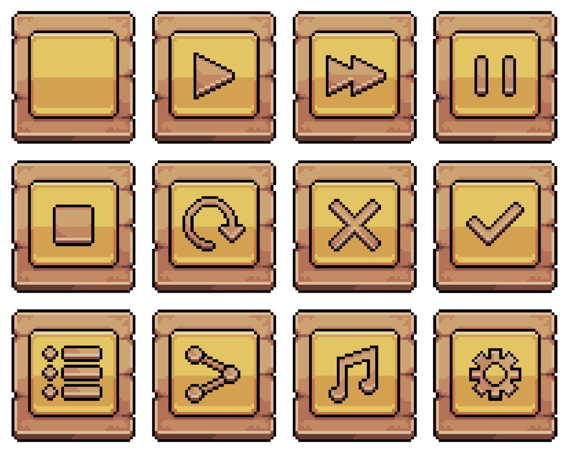 Pixel art wooden buttons for game and app interface vector icon for ...