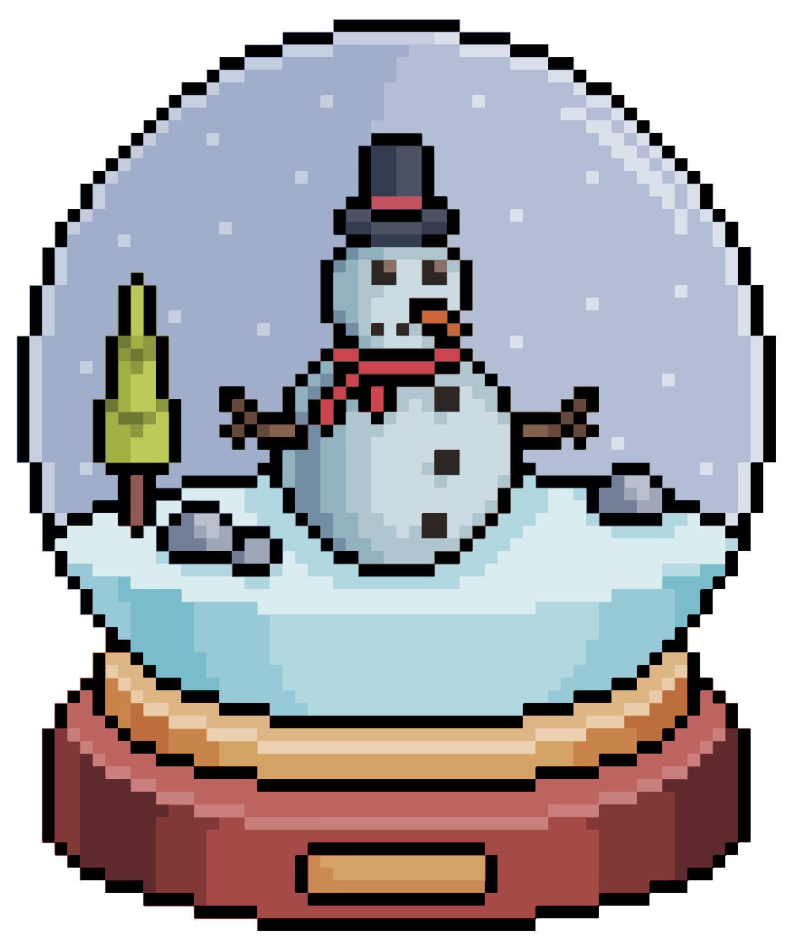 Pixel art christmas snow globe with snowman and pine trees 8bit vector ...