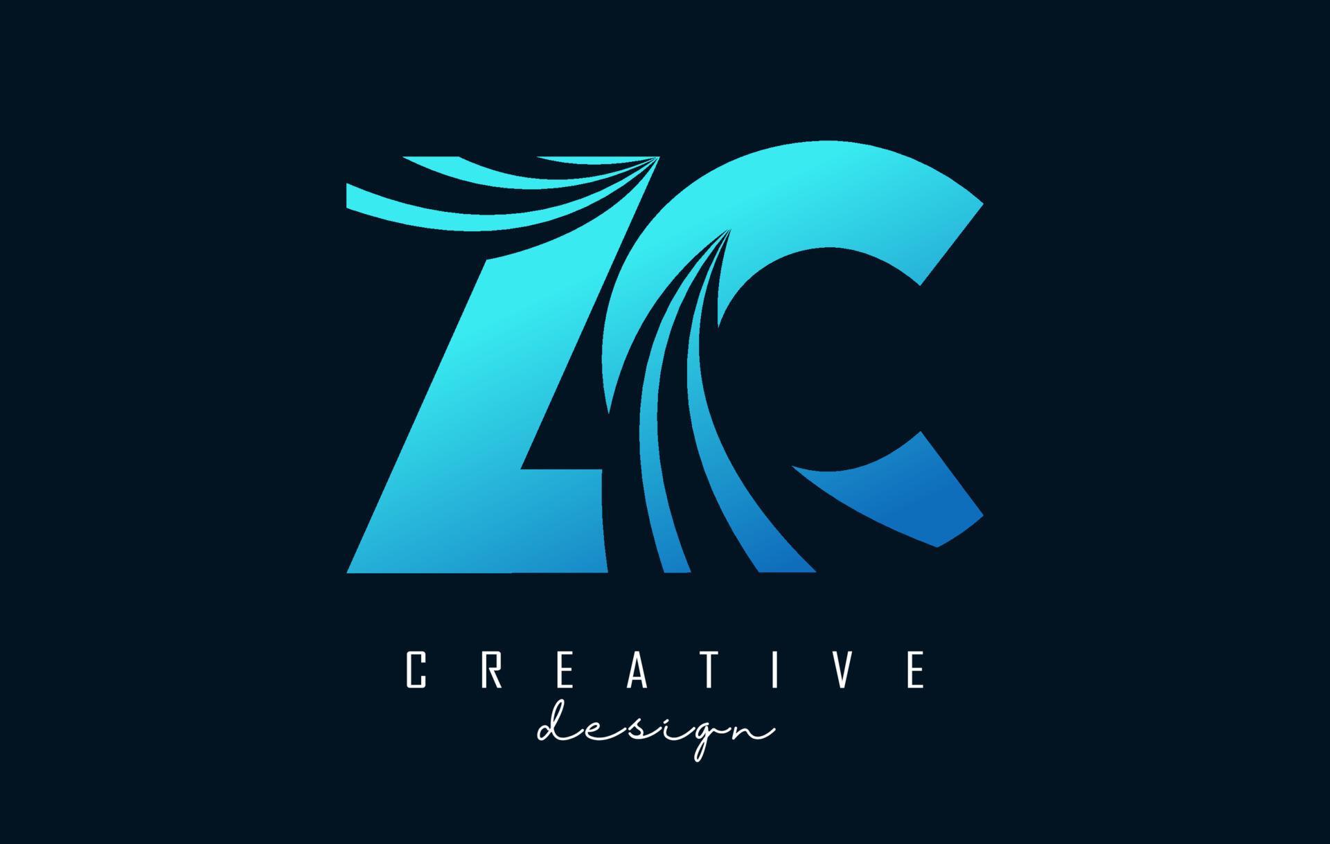 Creative blue letters ZC z c logo with leading lines and road concept design. Letters with ...