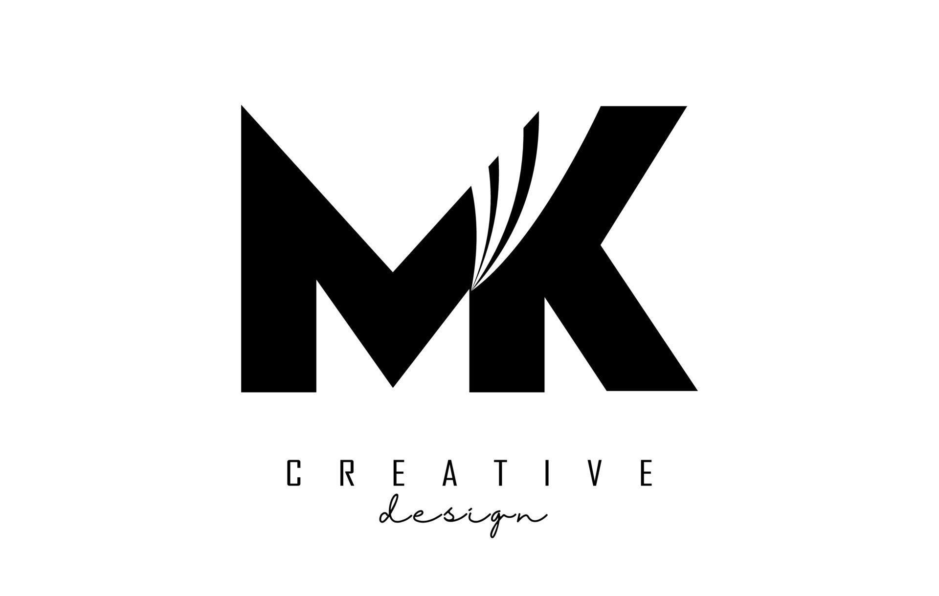 Creative black letters MK m k logo with leading lines and road concept design. Letters with ...