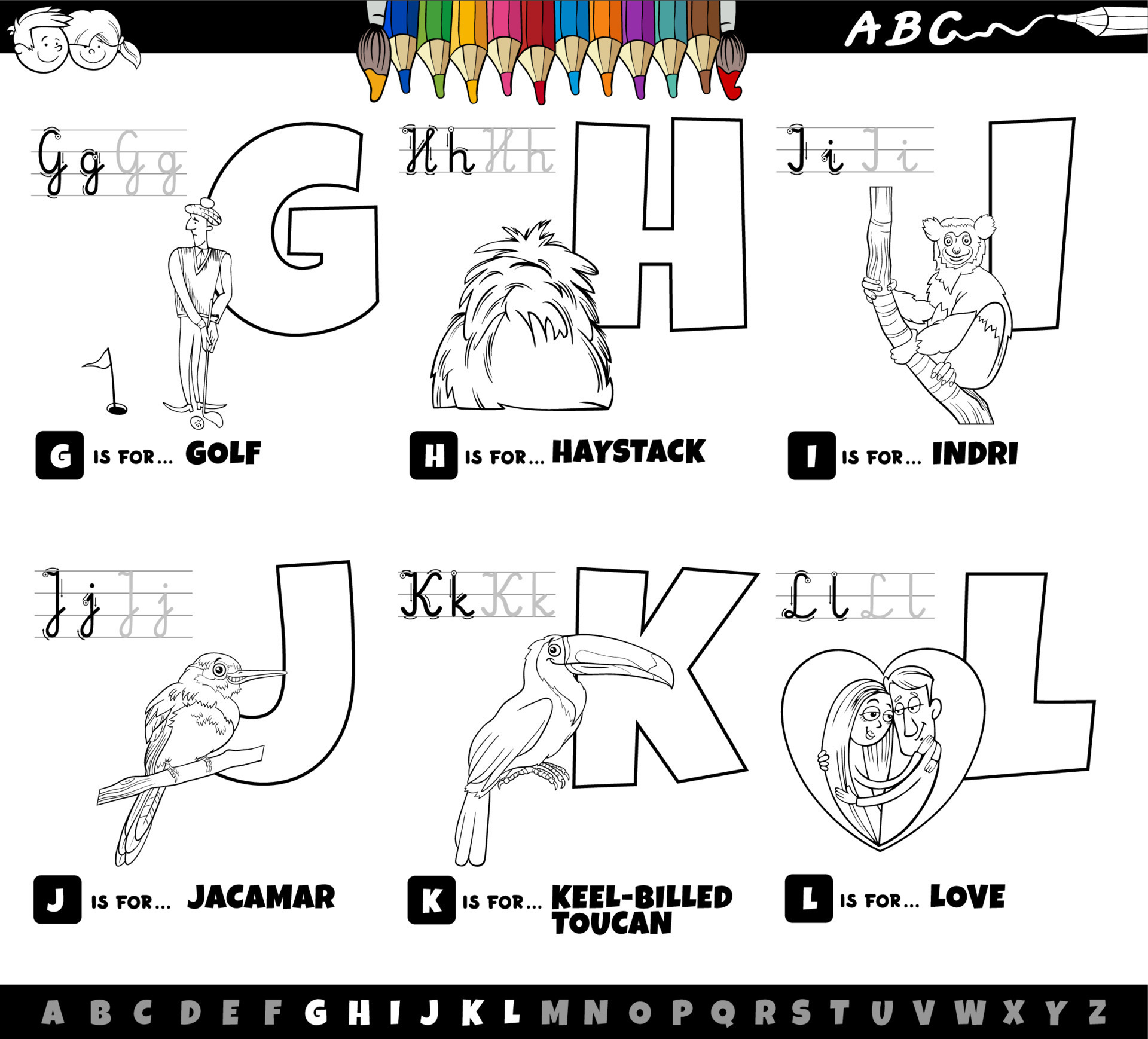 Educational Cartoon Alphabet Letters Set From G To L Coloring Page educational-cartoon-alphabet-letters-set-from-g-to-l-coloring-page