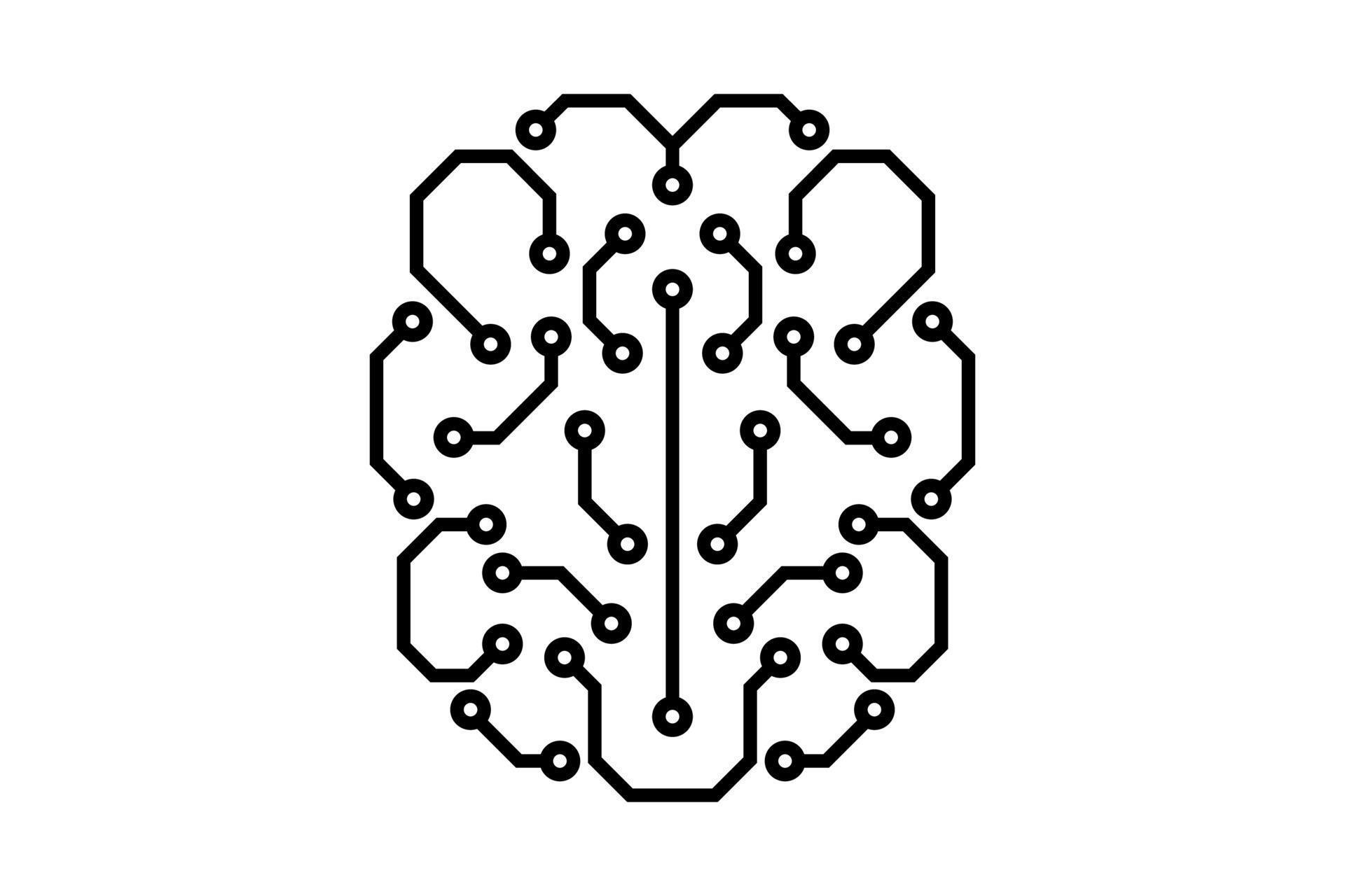 Artificial Intelligence microchip digital brain. AI chip board circuit linear icon. Neural ...