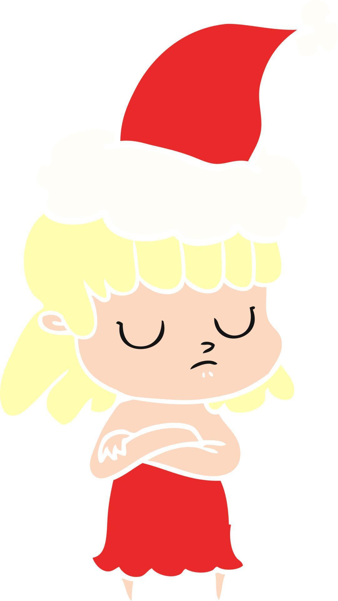flat color illustration of a indifferent woman wearing santa hat ...
