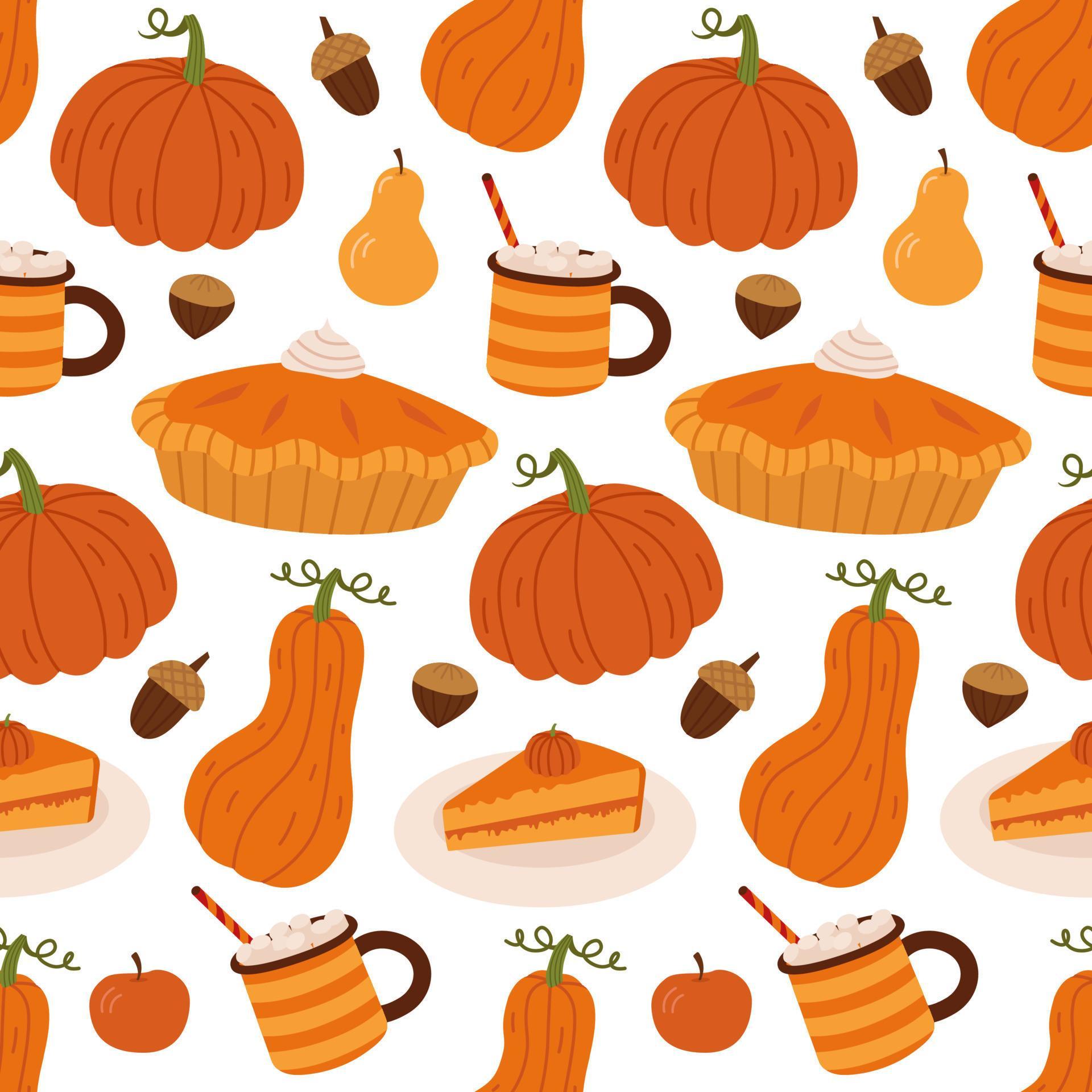 Autumn seamless pattern with pies, cocoa, pumpkins, leaves, nuts and ...