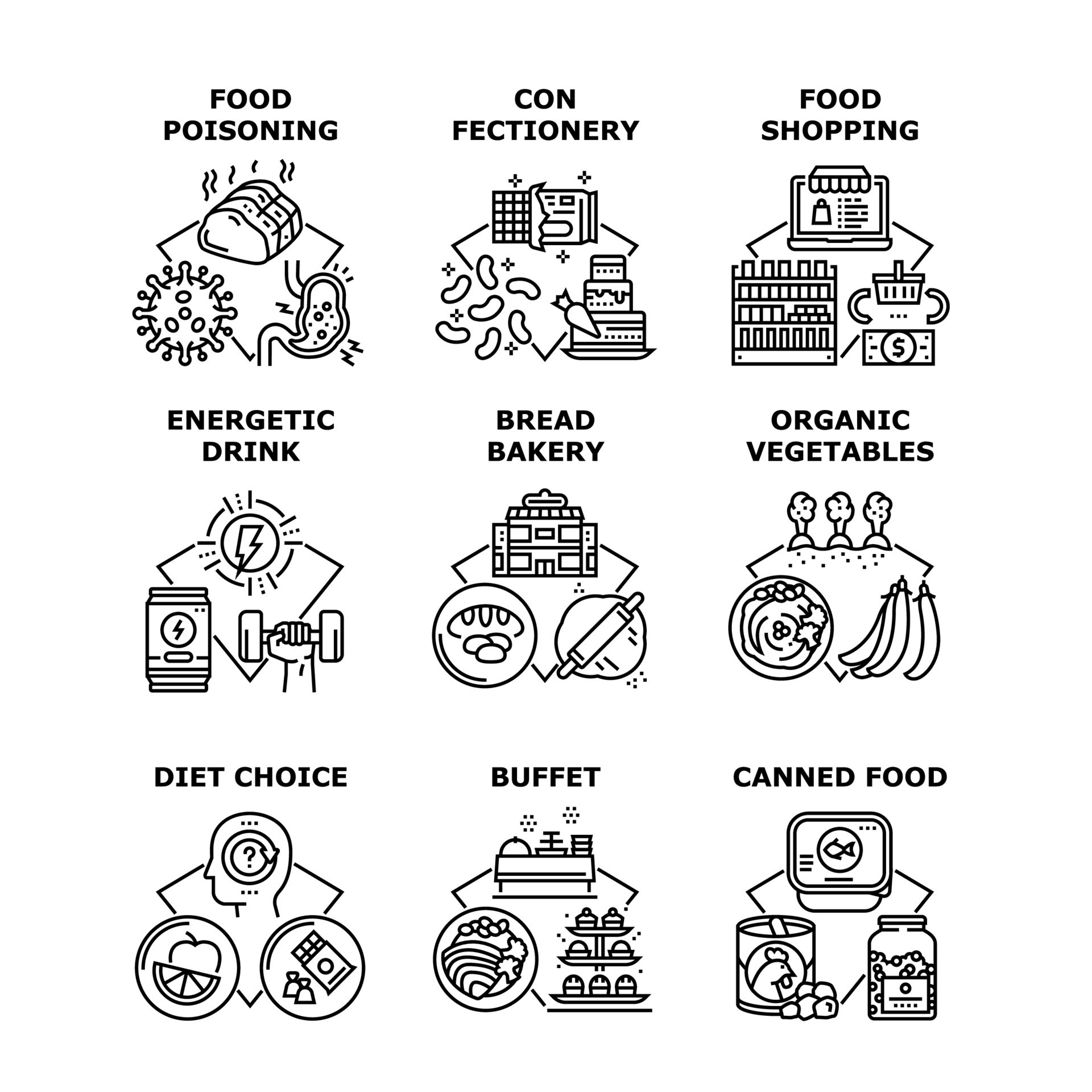 Nutrition Shopping Set Icons Vector Illustrations 9946854 Vector Art at ...