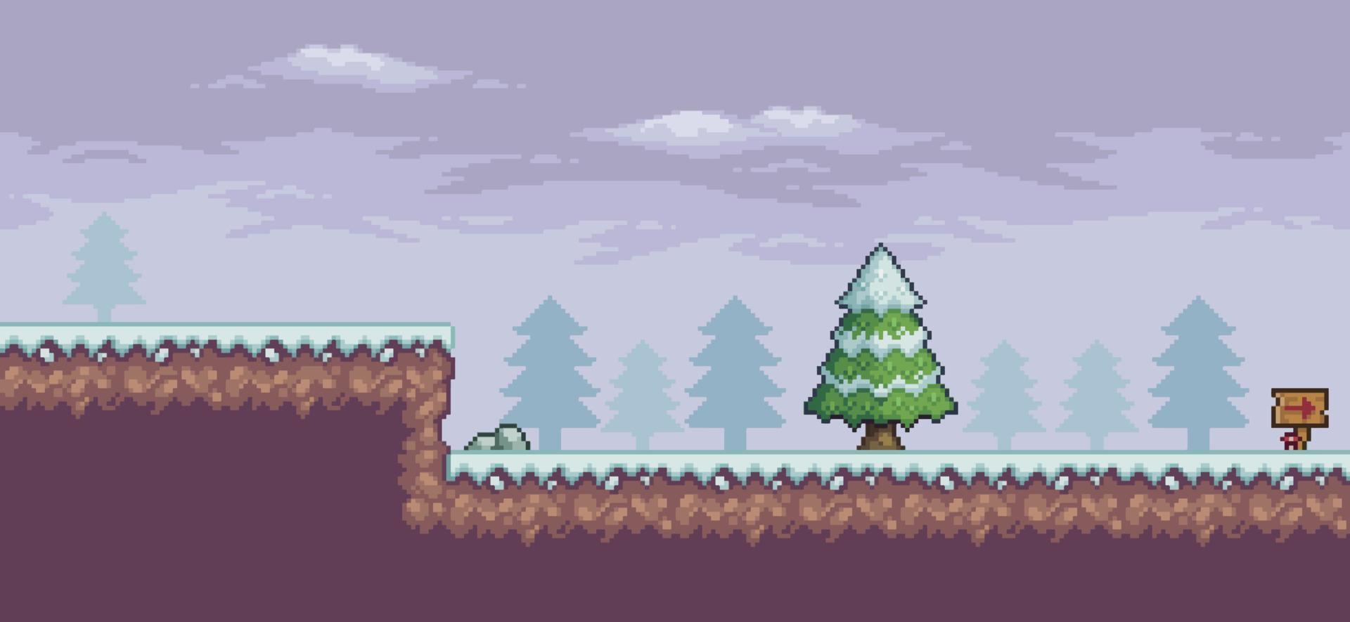 Pixel art game scene in snow with pine trees, clouds, indicative board ...