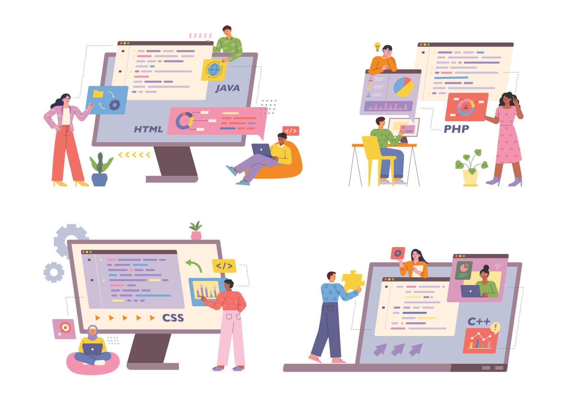 Programmers are coding programs around huge computers and digital pages ...