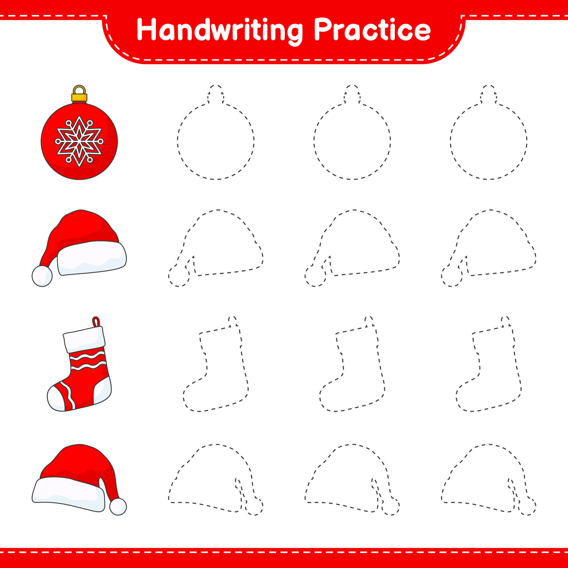 Handwriting practice. Tracing lines of Christmas Ball, Santa Hat, and ...