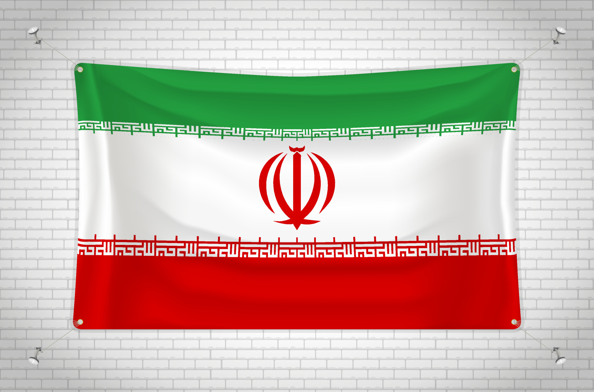 Iran flag hanging on brick wall. 3D drawing. Flag attached to the wall ...