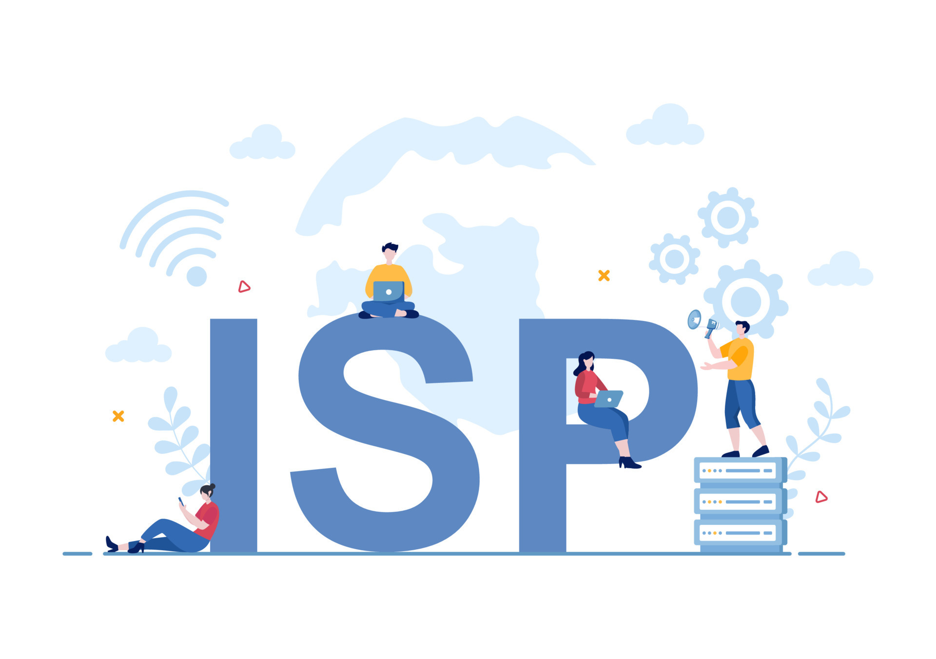 Isp Or Internet Service Provider Cartoon Illustration With Keywords And