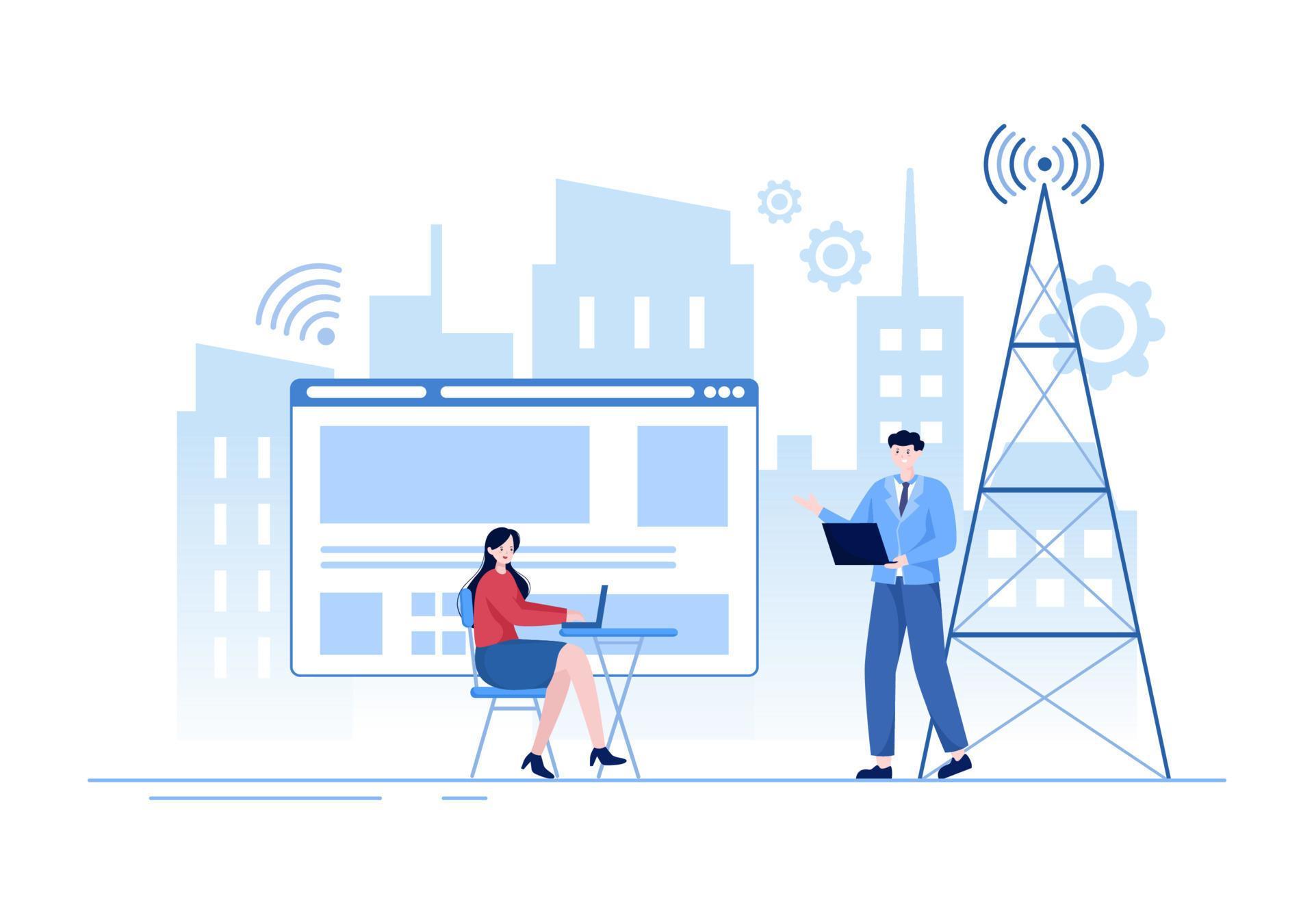 Isp Or Internet Service Provider Cartoon Illustration With Keywords And Icons For Intranet