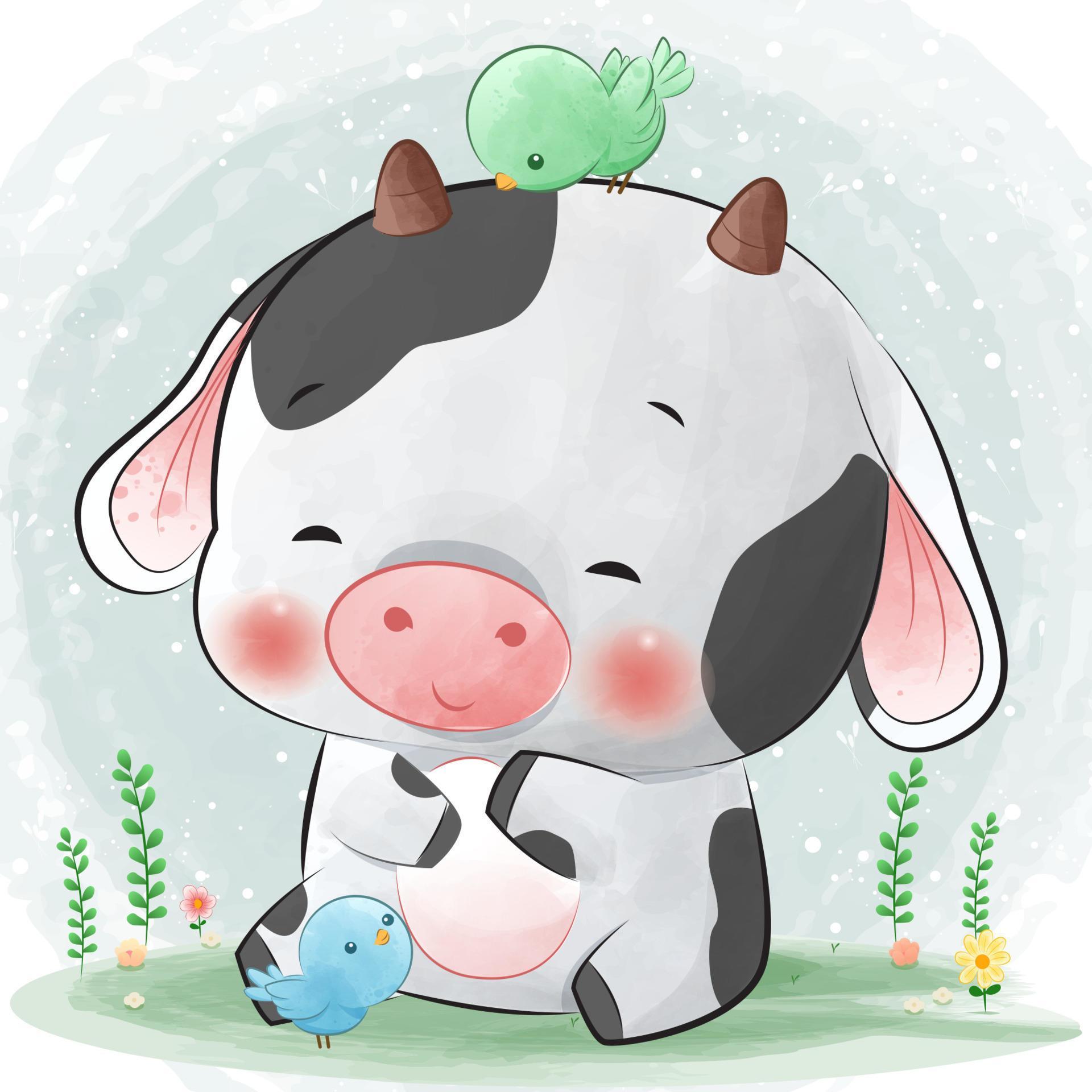 cute watercolor cow with bird 10008213 Vector Art at Vecteezy