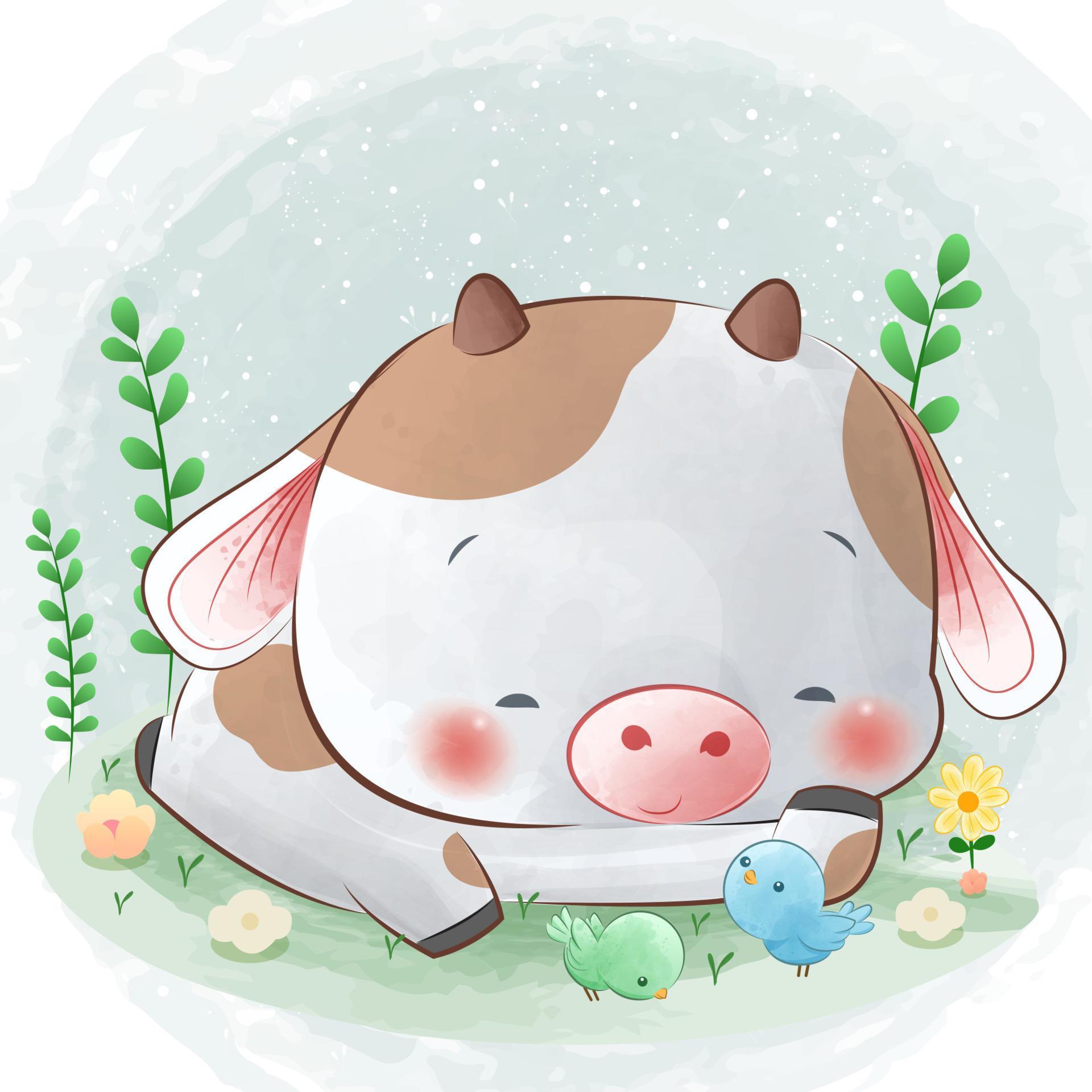 cute cow playing with brids watercolor animals illustration 10008790 ...