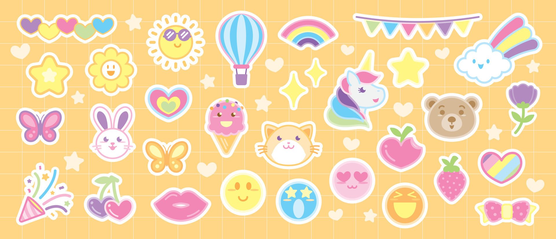cute pastel elements graphic vector sticker collection in kawaii style ...