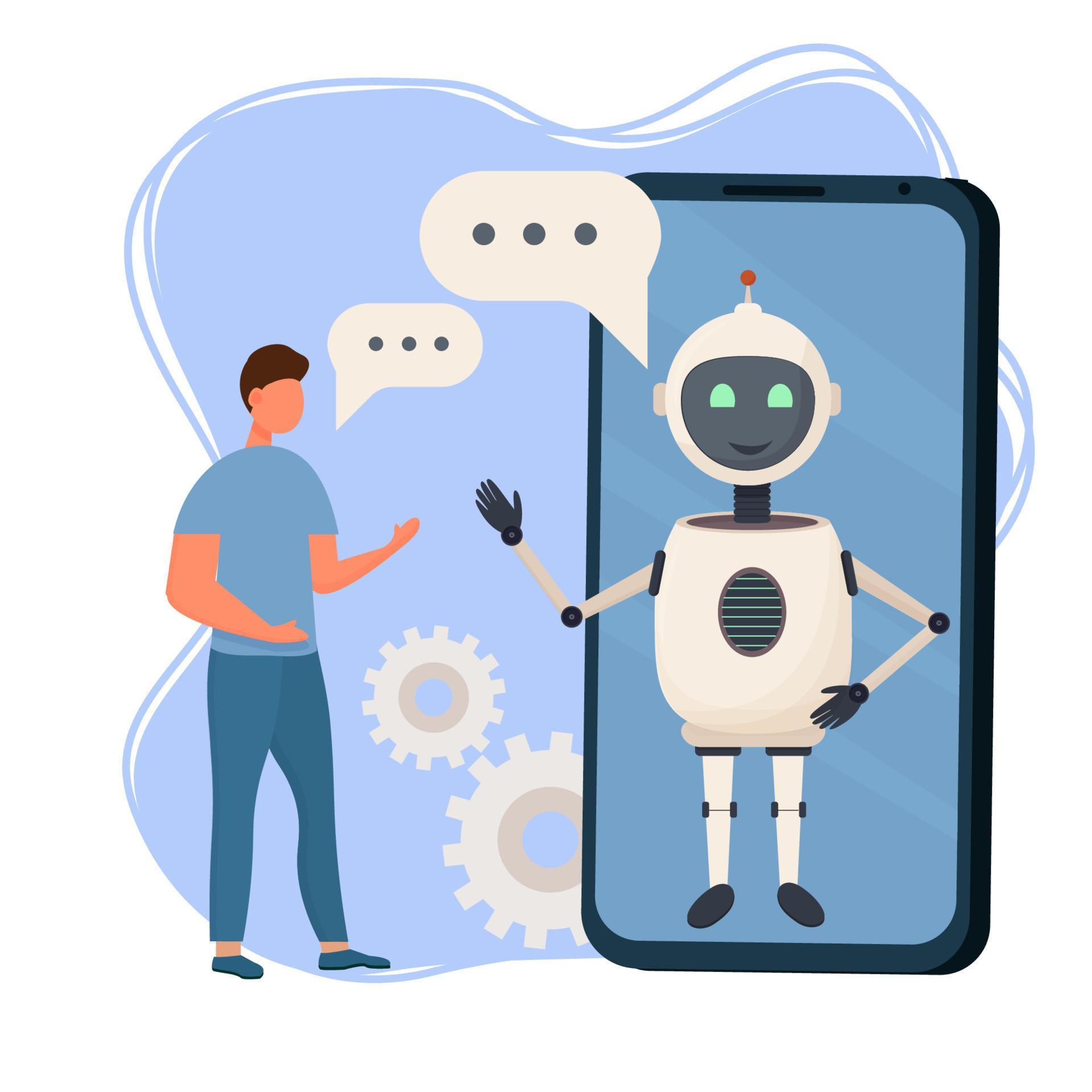 Customer having Dialog with Chat Bot on Smartphone. Man Character Chatting with Robot ...