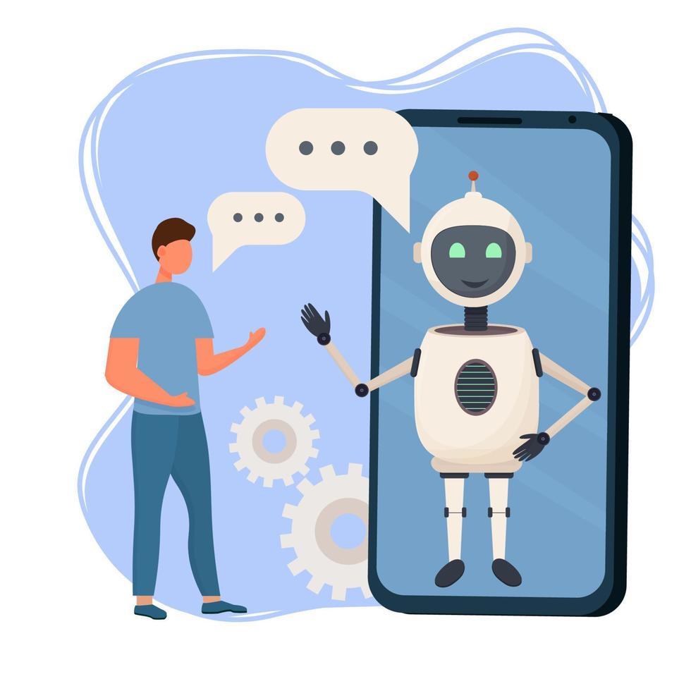 Customer Having Dialog With Chat Bot On Smartphone Man Character