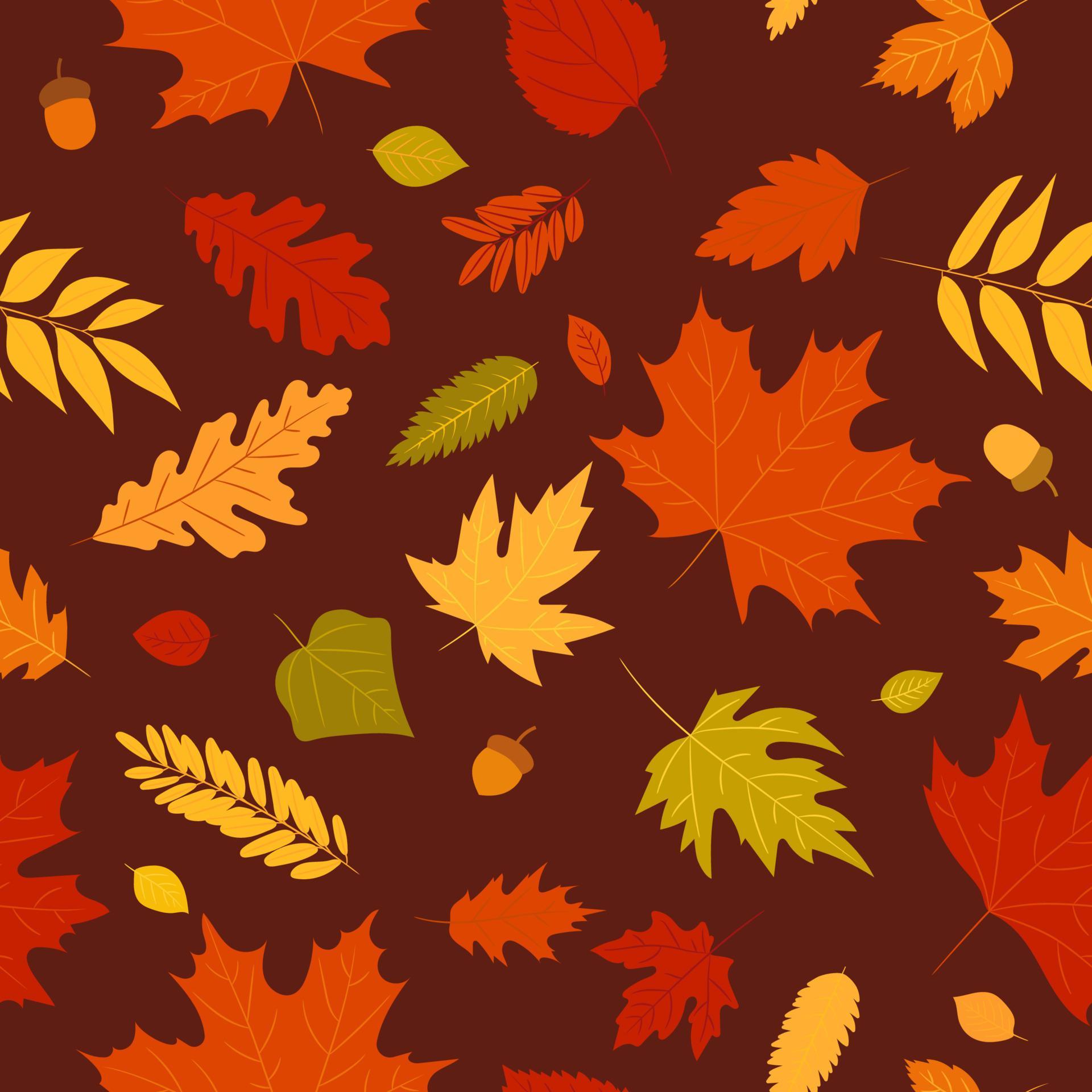 Seamless pattern autumn leaves of a maple, oak, birch tree. Fall yellow, orange, red leaf ...