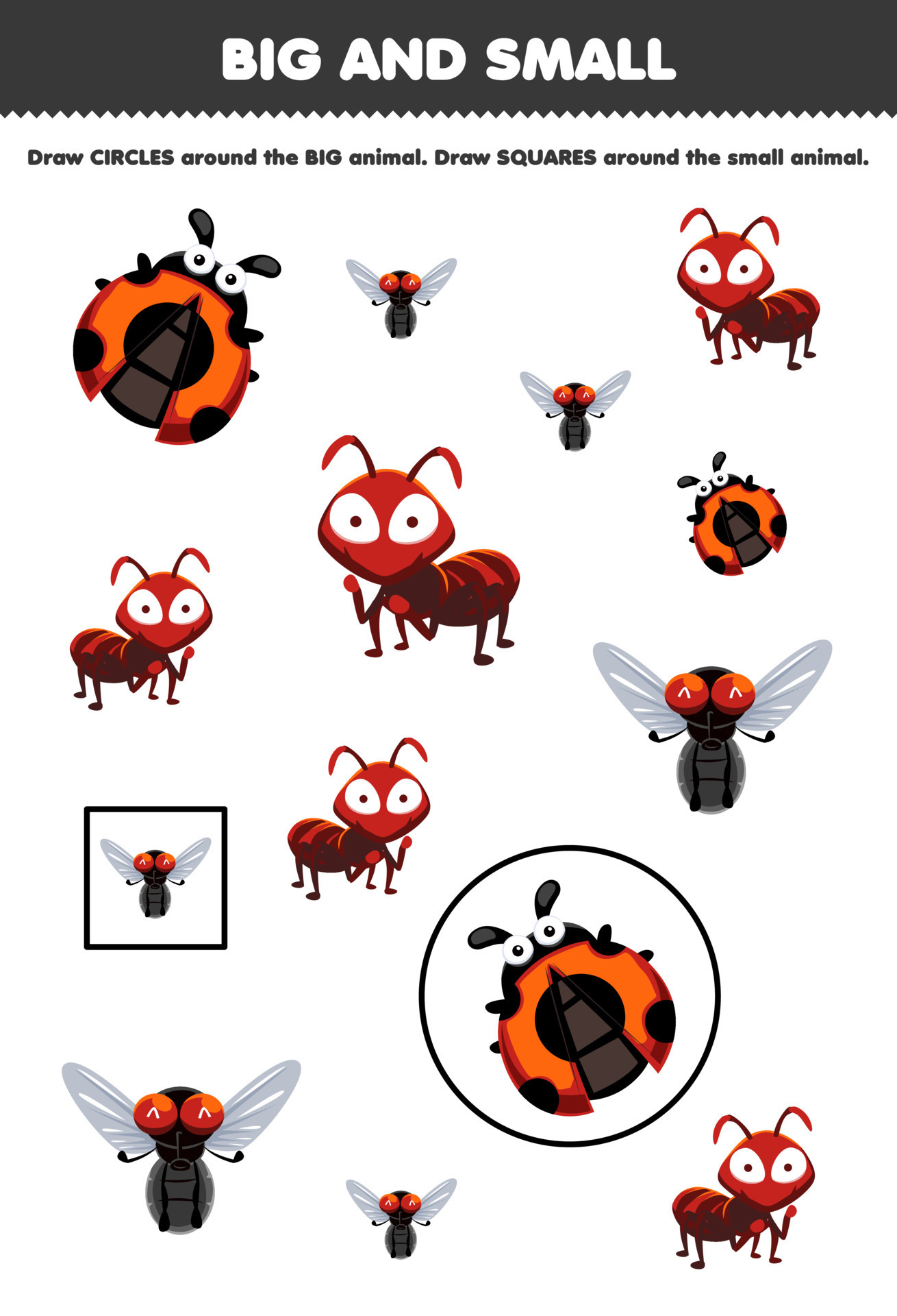 Education game for children arrange by size big or small by drawing circle and square of cute ...