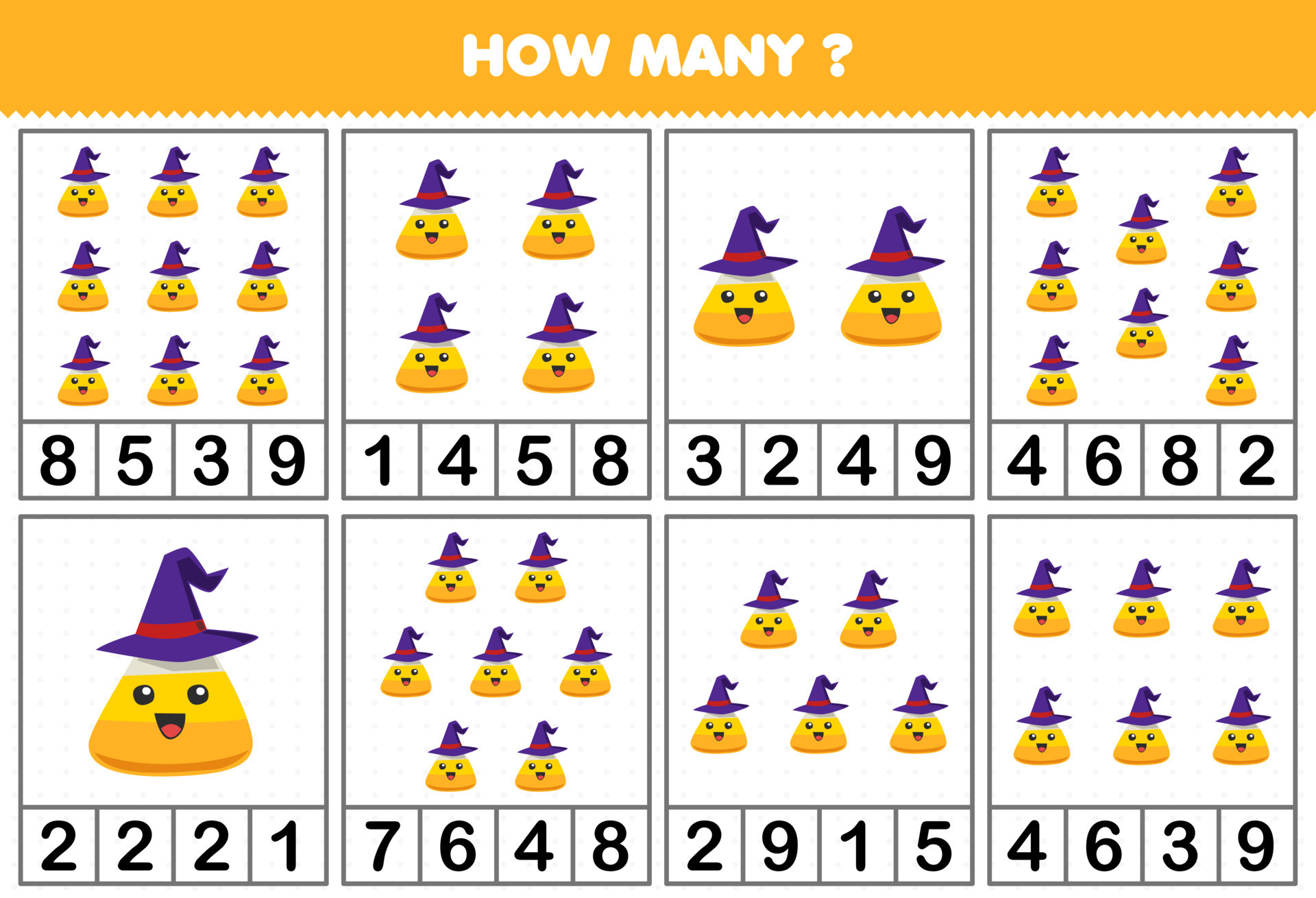 Education game for children counting how many objects in each table of ...