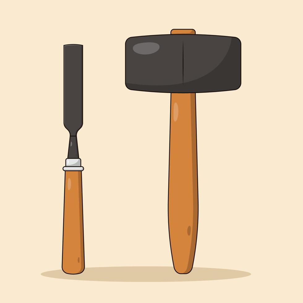 Hammer And Chisel Vector Icon Illustration With Outline For Design
