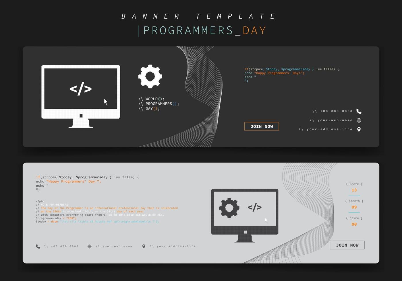 Banner template design with computer monitor and gear in gray background for programmers day ...