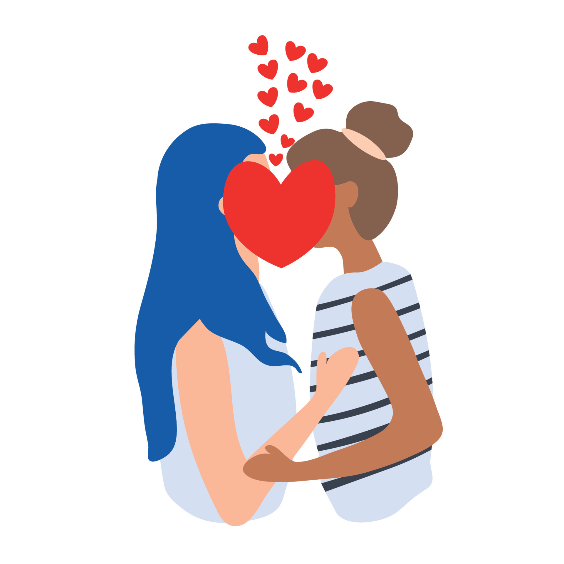 Two girls kiss . Lesbians. Pride Month. Woman with long blue hair and lock of hair. Vector ...