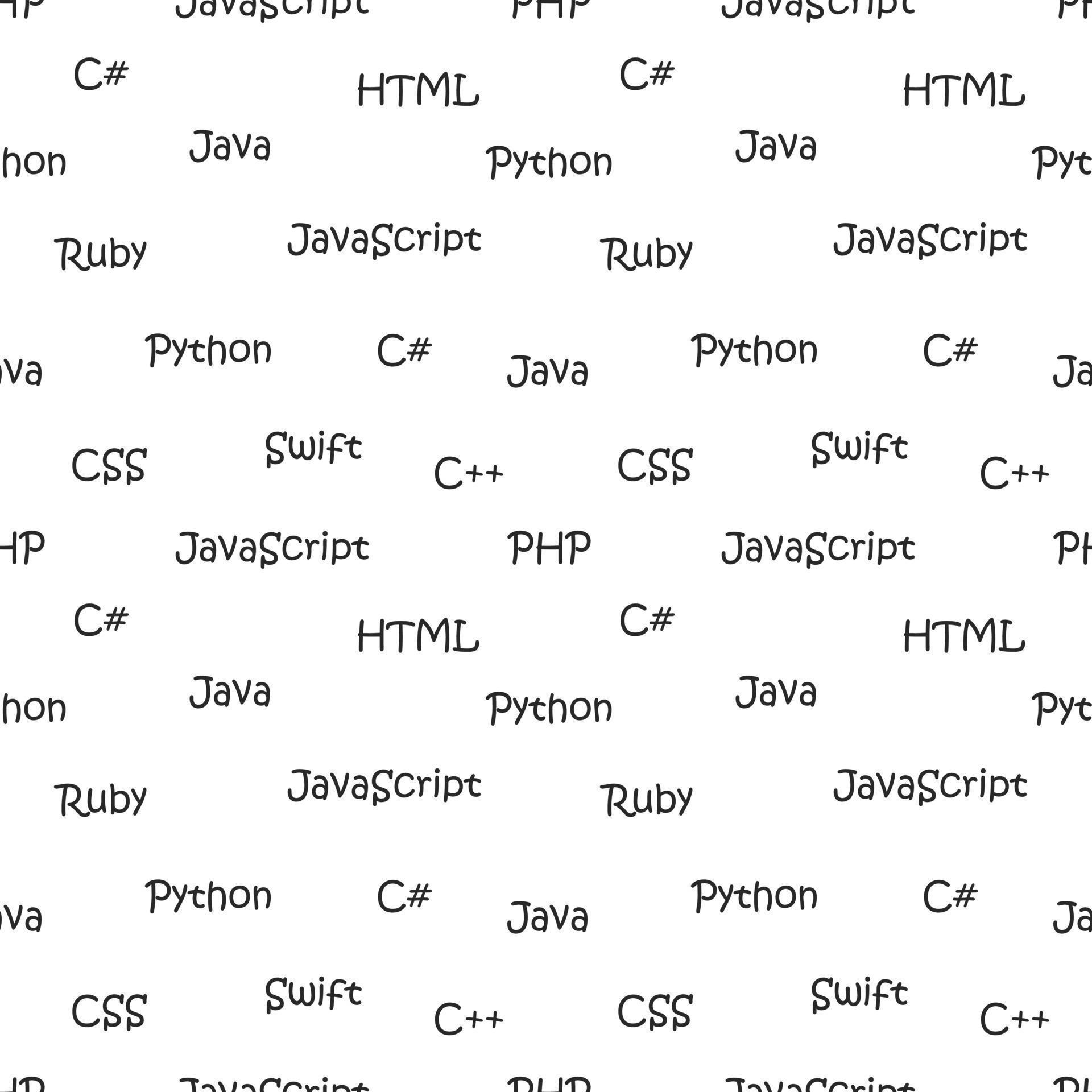 Vector seamless pattern with programming languages. Names of machine languages. Black and white ...