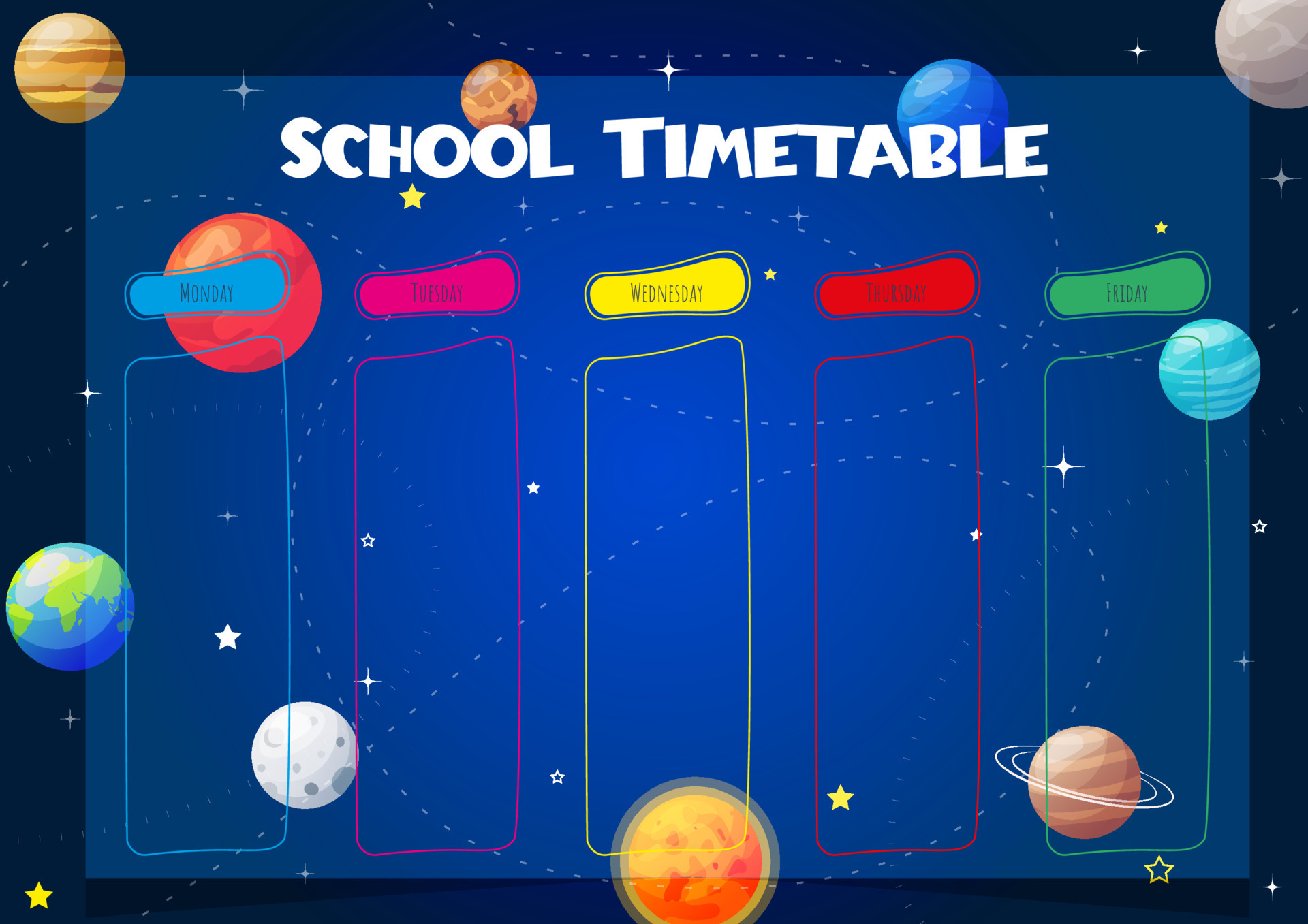 horario escolar. horario para niños con días de la semana con planetas ...