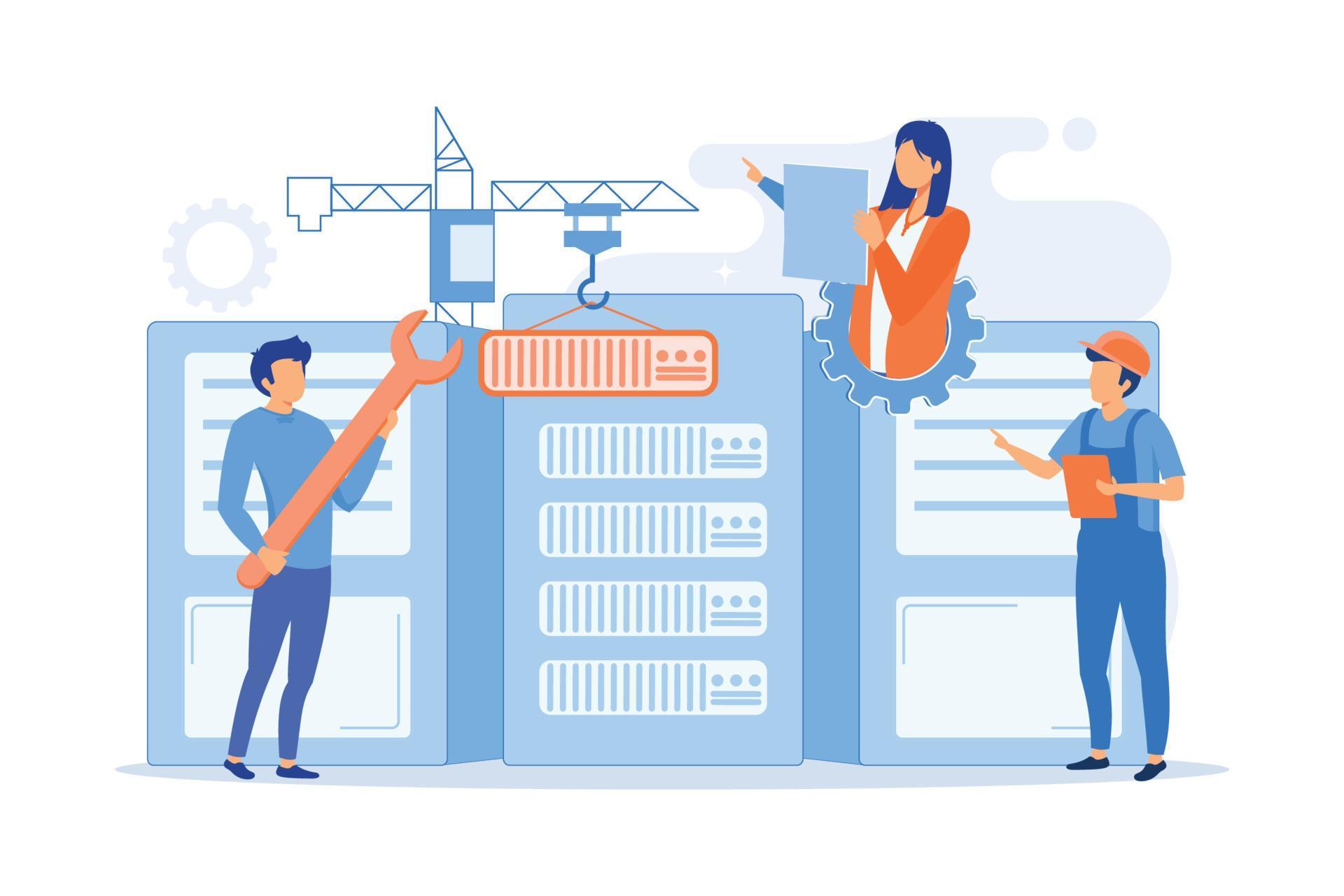 Engineers consolidating and structuring data in the center. Big data engineering, massive data ...