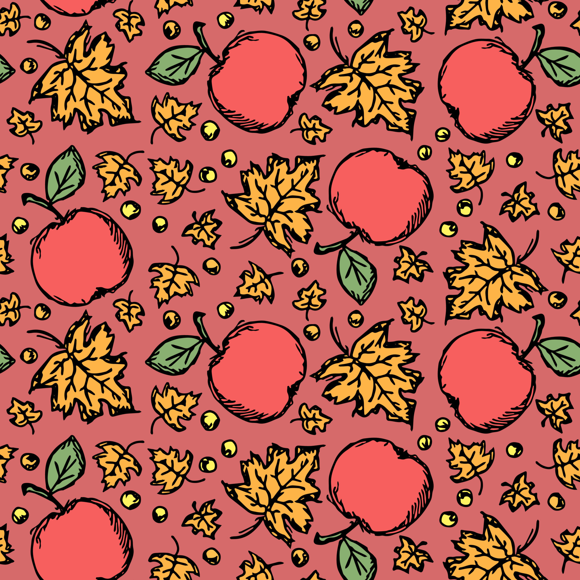 Seamless autumn pattern with apples and leaves. Red apples and maple ...